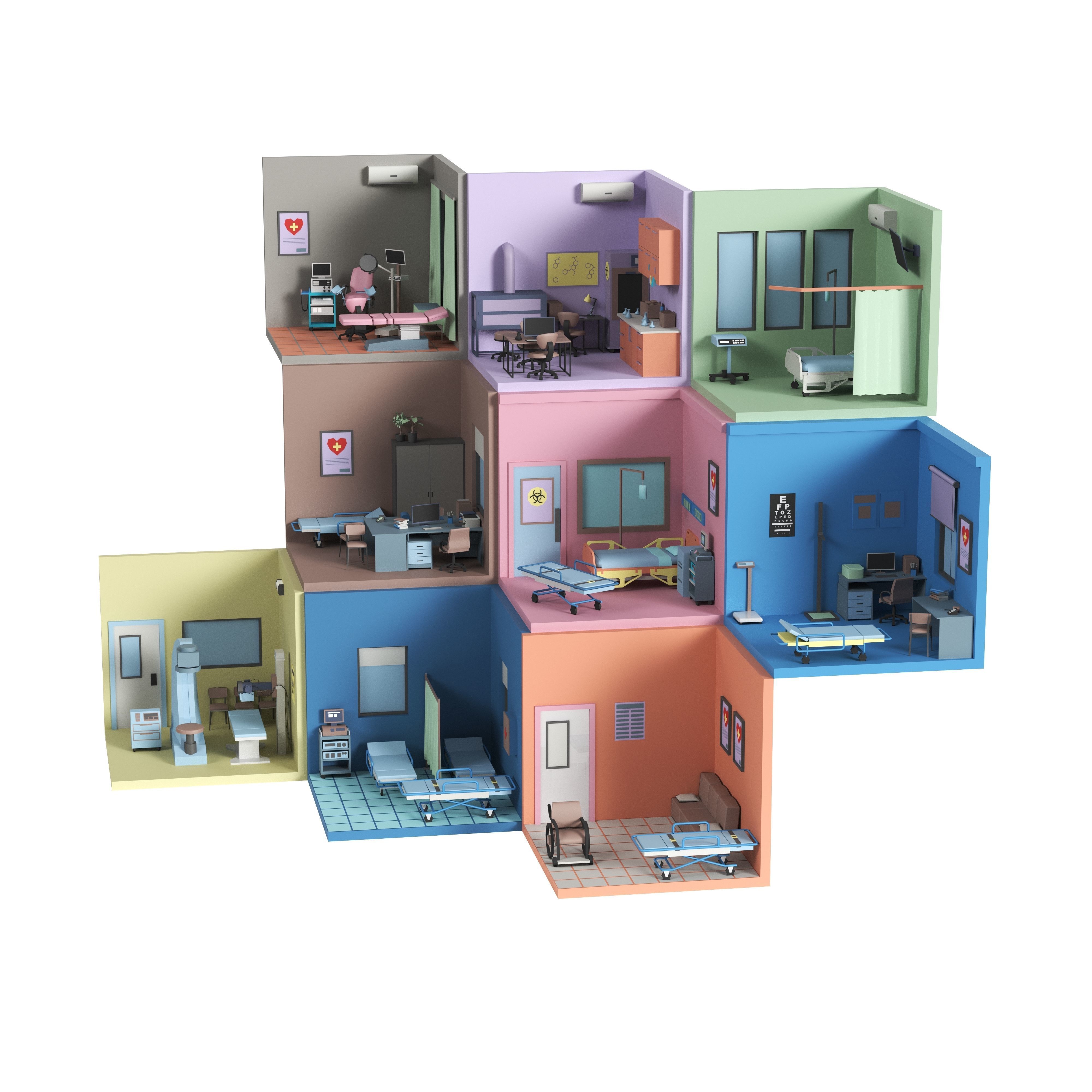 3D model Low Poly Hospital Rooms - Collection of 9 VR / AR / low-poly ...