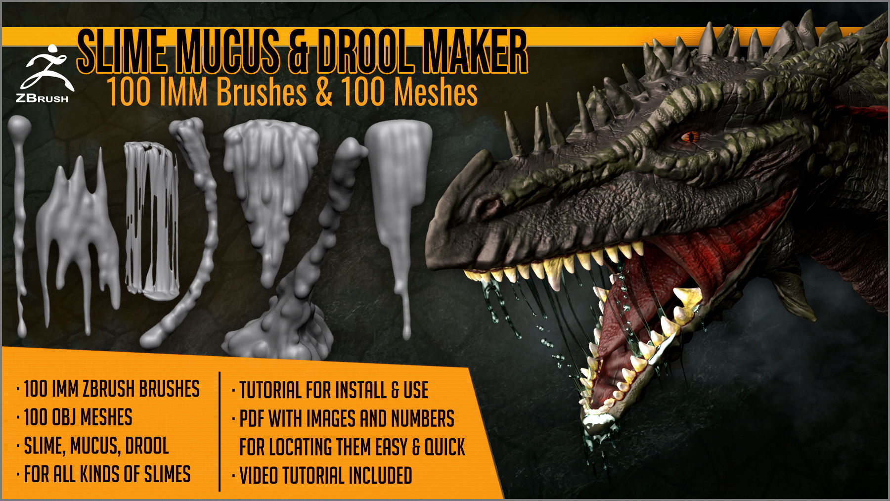 Slime Mucus and Drool Maker 100 IMM ZBrush Brushes and 100 OBJs 3D ...