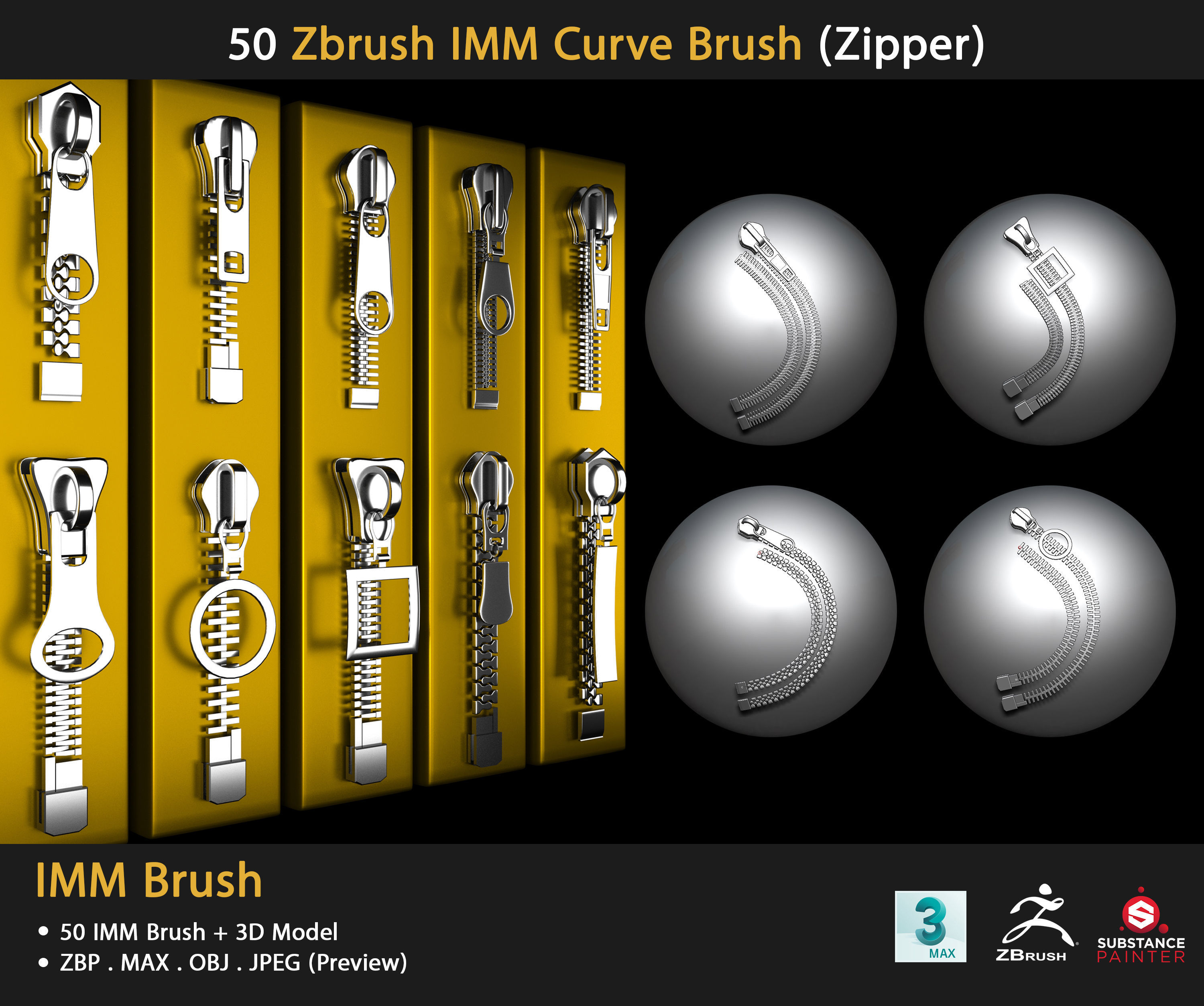 50 Zbrush IMM Curve Brush -Zipper VOL 01 3D model | CGTrader