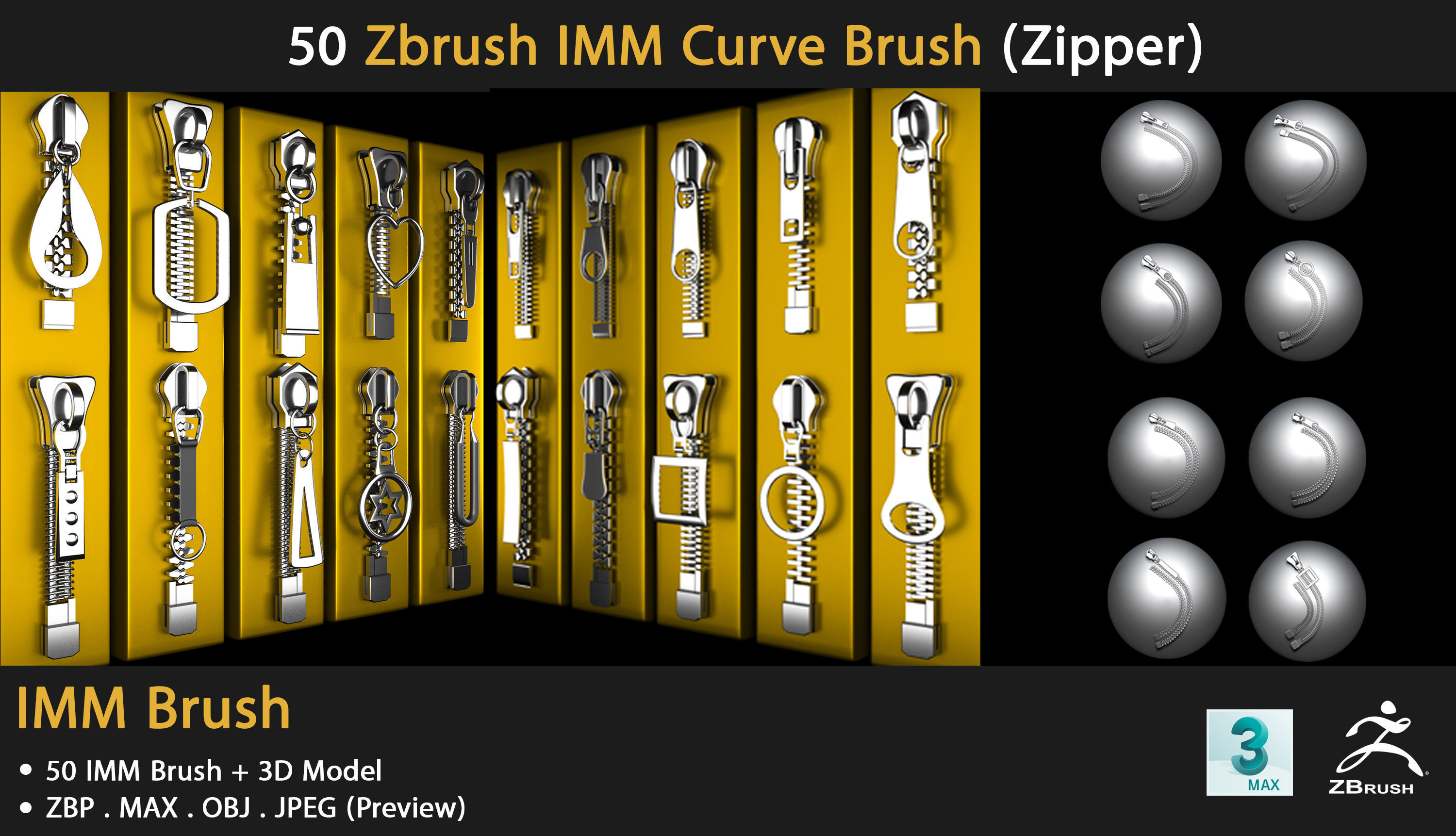 50 Zbrush IMM Curve Brush -Zipper VOL 01 3D model | CGTrader