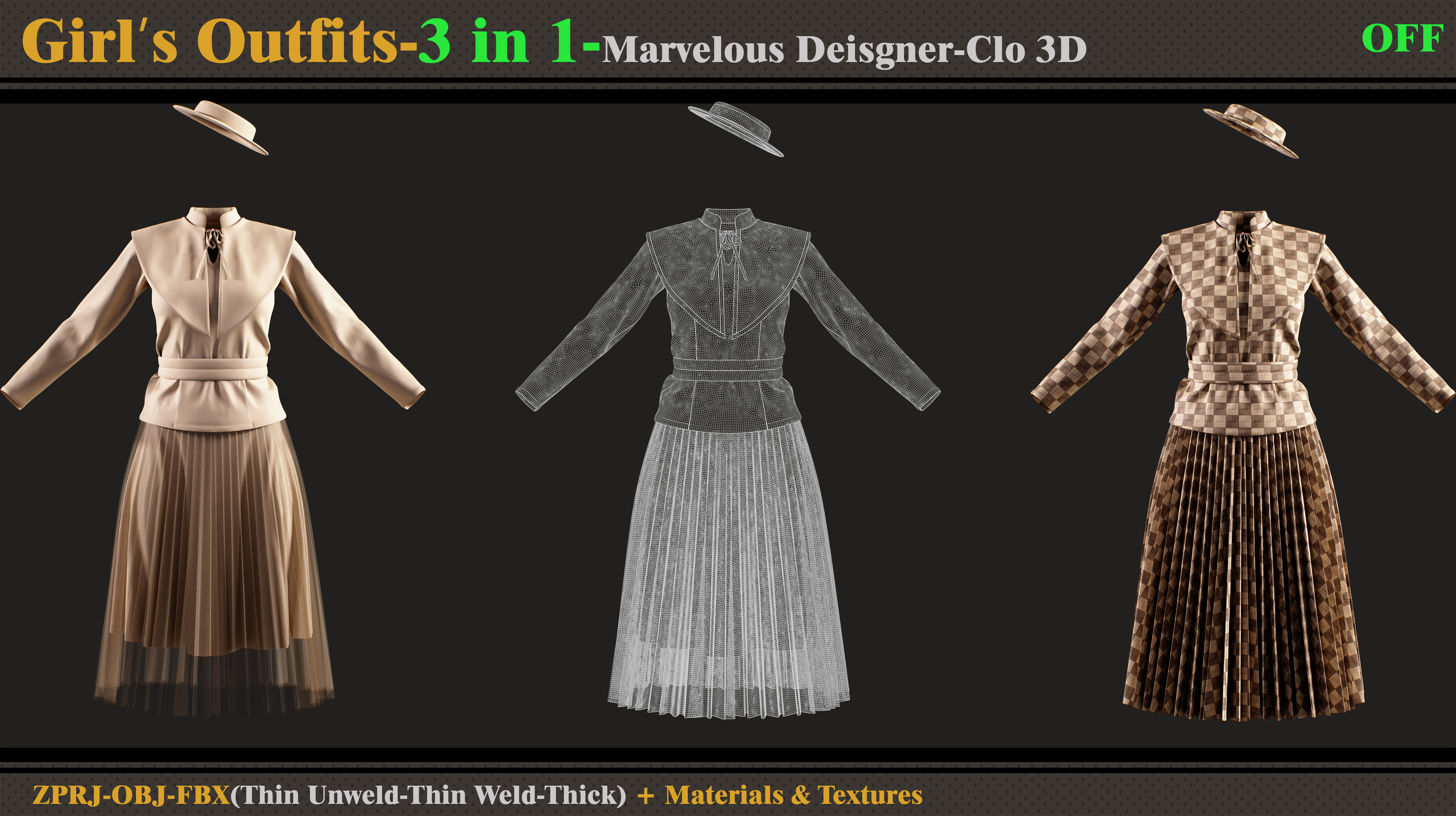 3 in 1 Girls Outfits-Clo3d-OBJ-FBX -Materials-Textures 3D model | CGTrader