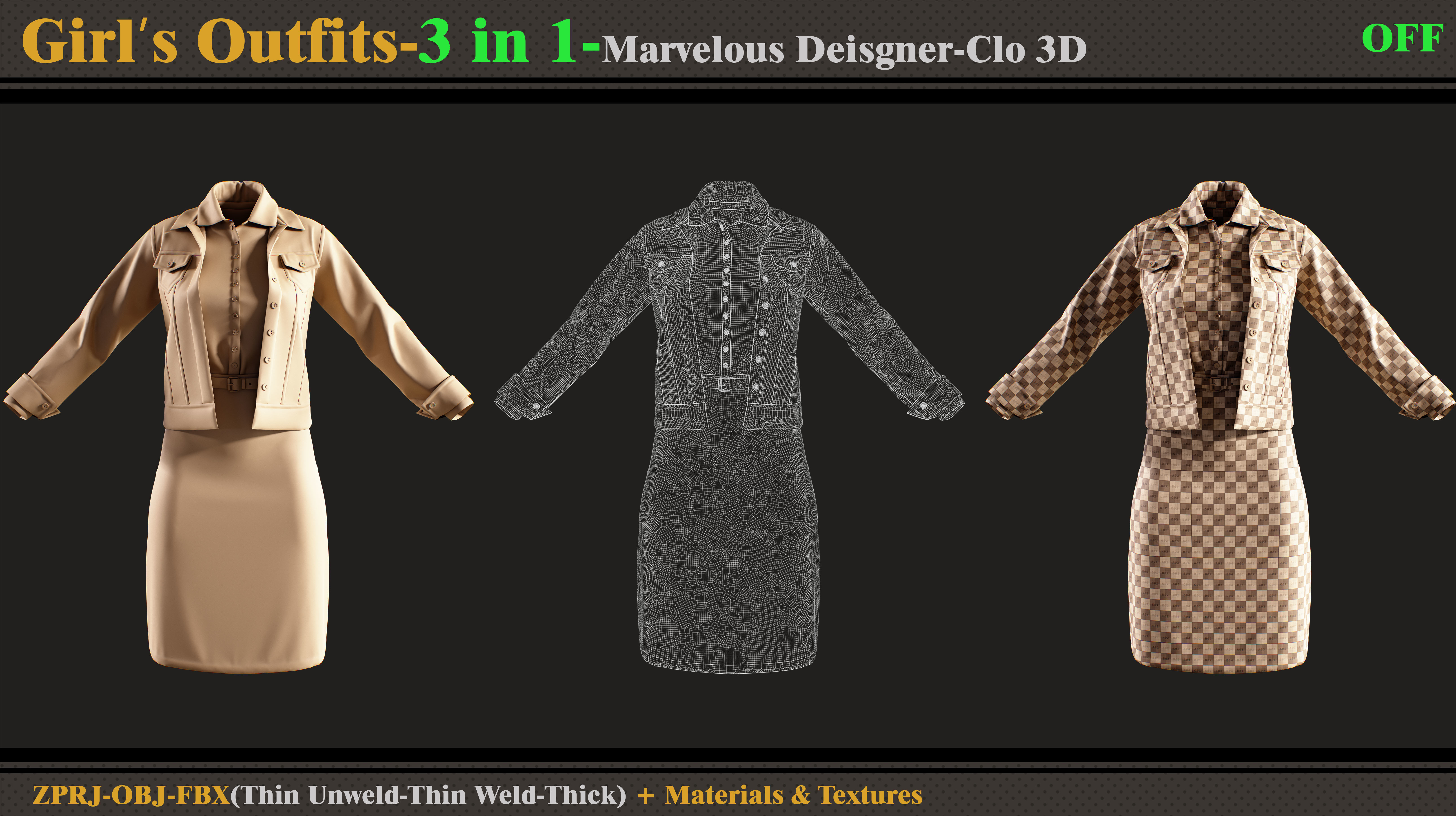 3 in 1 Girls Outfits-Clo3d-OBJ-FBX -Materials-Textures 3D model | CGTrader