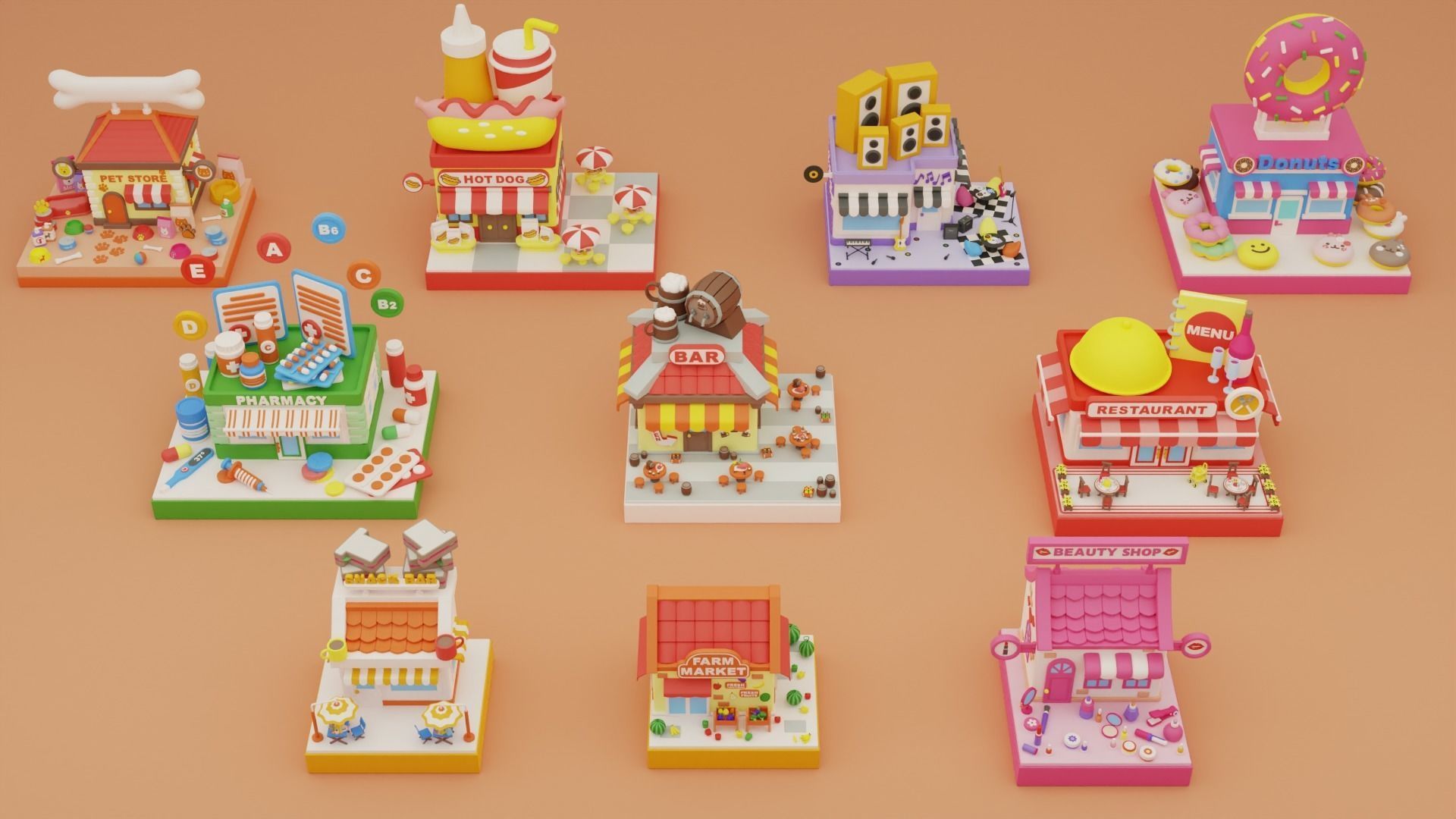3D model Cartoon Stores Eateries Islands Exteriors 2 VR / AR / low-poly ...
