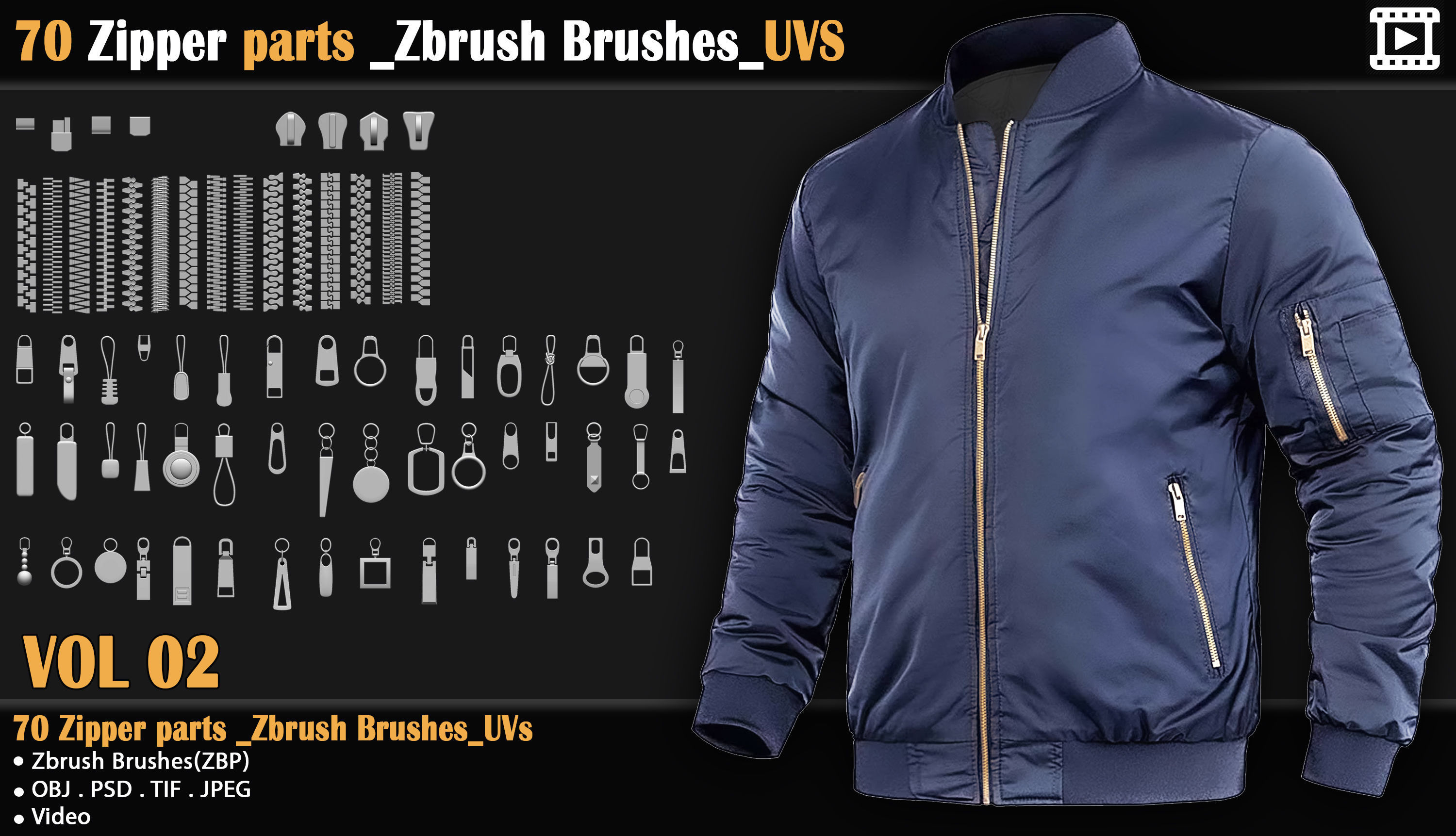 70 Zipper parts-Zbrush Brushes-UVS-VOL 02 3D model | CGTrader