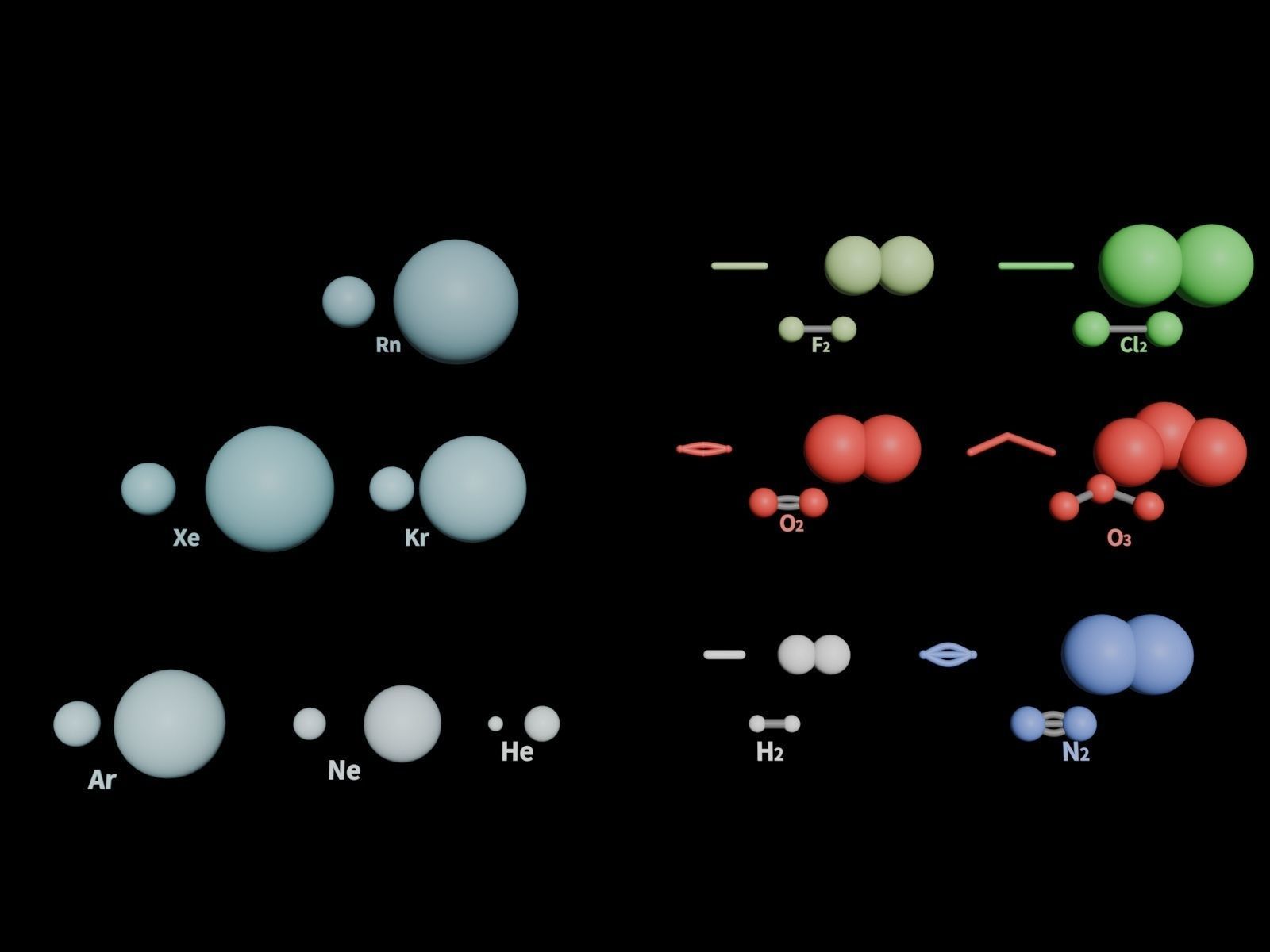 3D molecular models of gaseous monatomic molecules free VR / AR / low ...