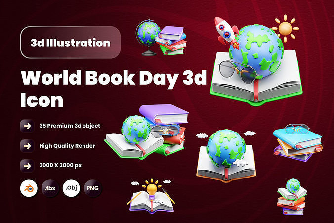 World book day 3d Illustration Icon Pack 3D model | CGTrader