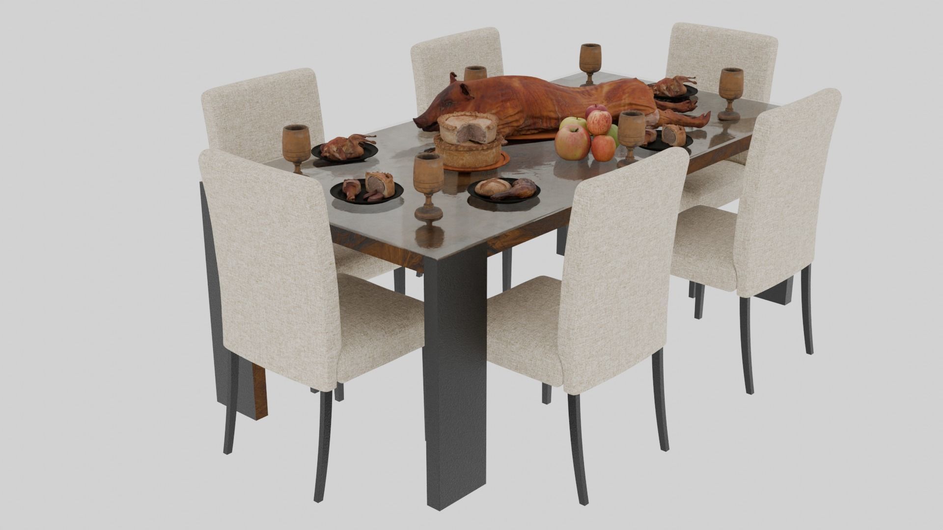 Full dining room table set with a viking feast 3D model animated | CGTrader