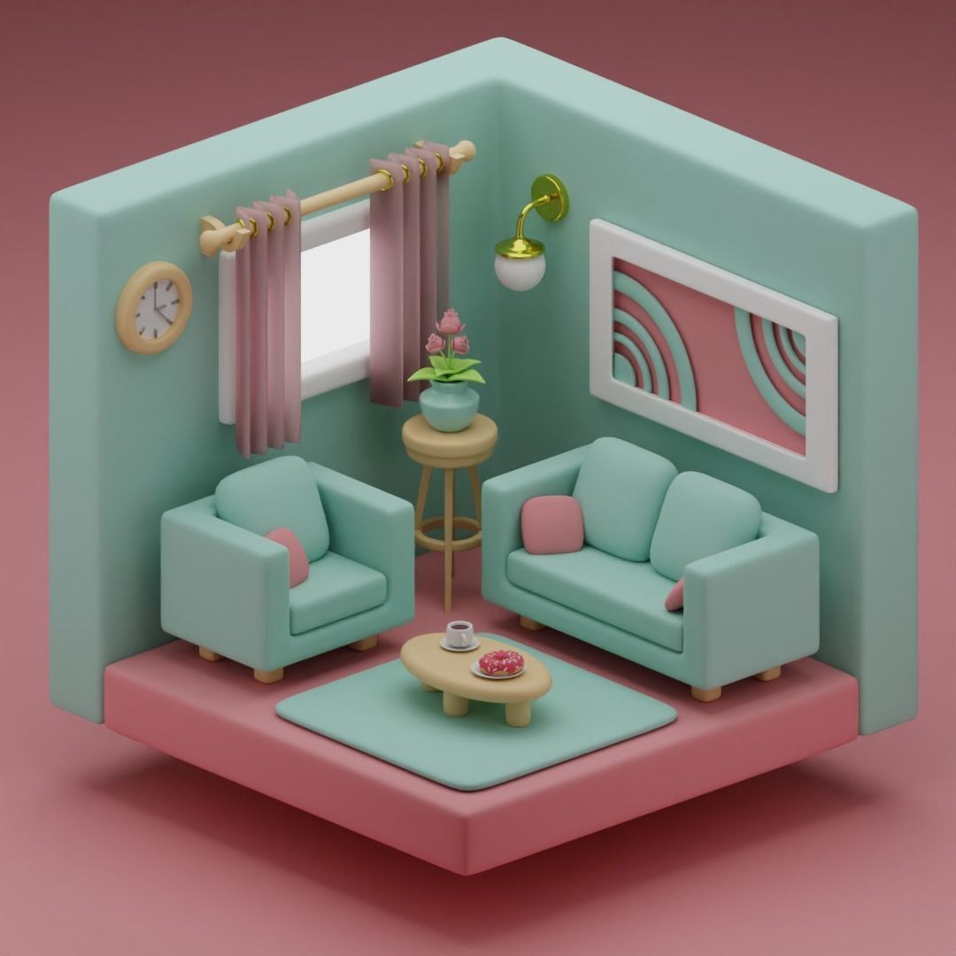 Stylized Isometric Living Room - Blue Version free 3D model | CGTrader