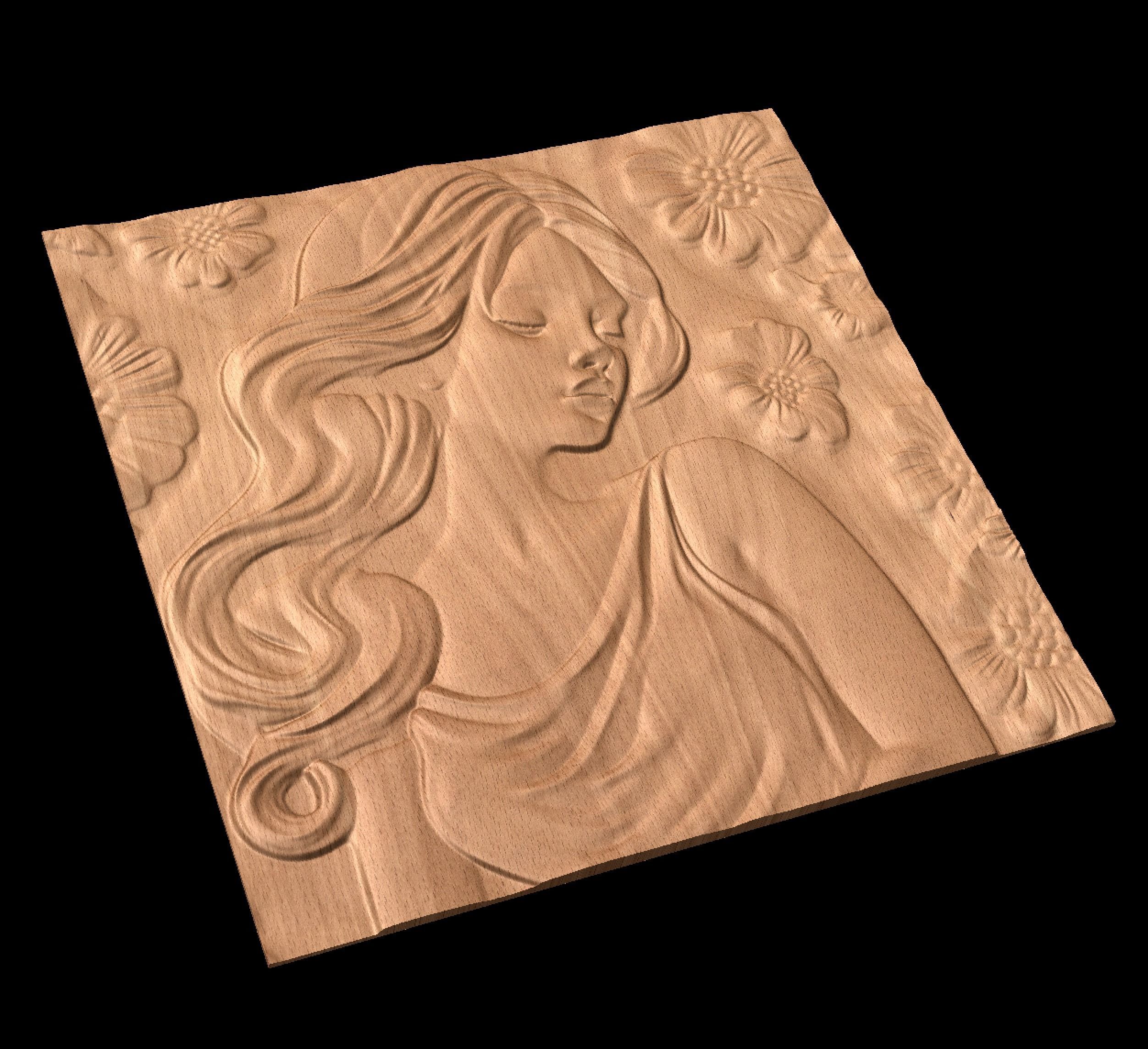Girl with flowers in background CNC bas-relief 3Dmodel wallart 3D model ...