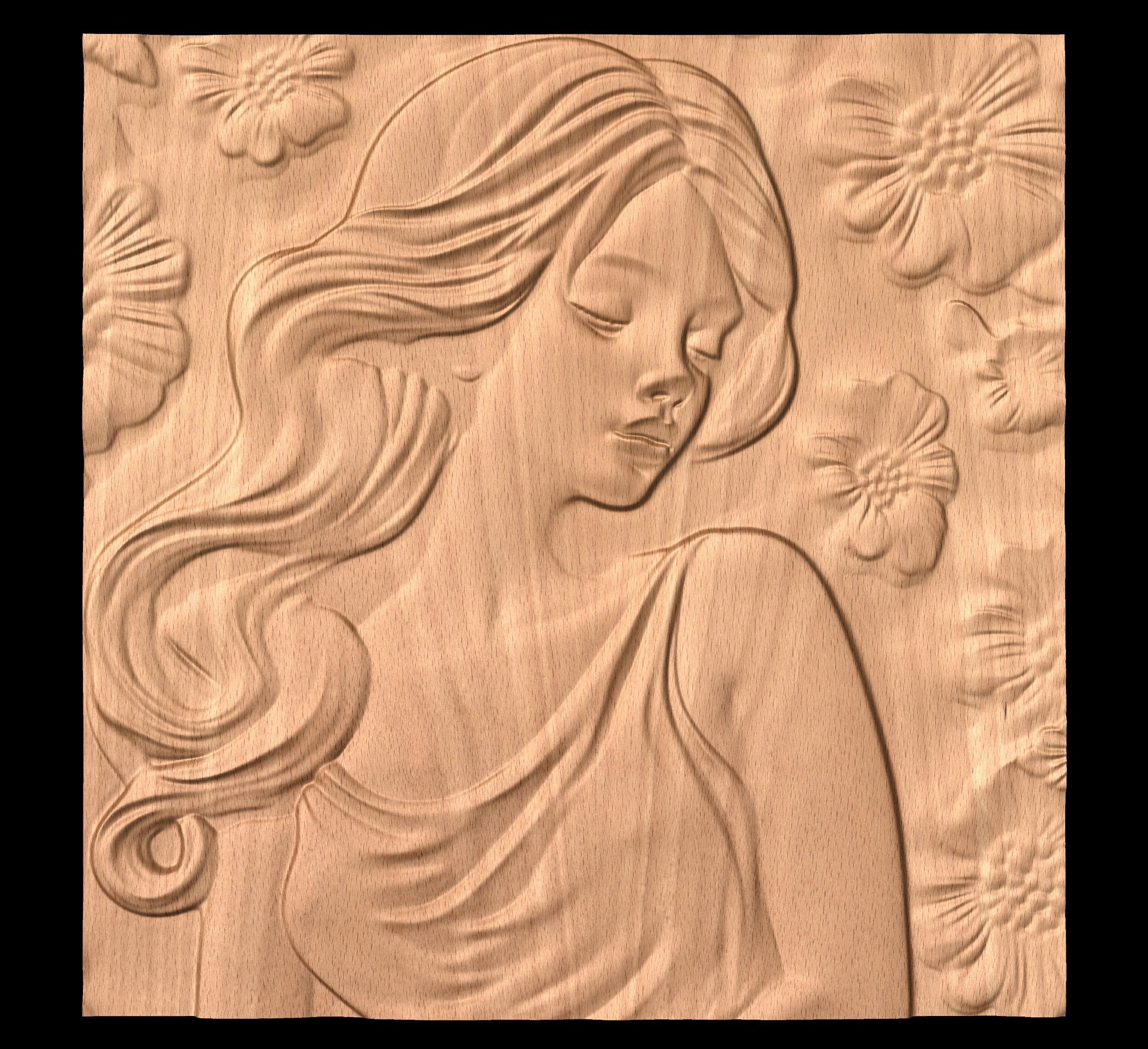 Girl with flowers in background CNC bas-relief 3Dmodel wallart 3D model ...