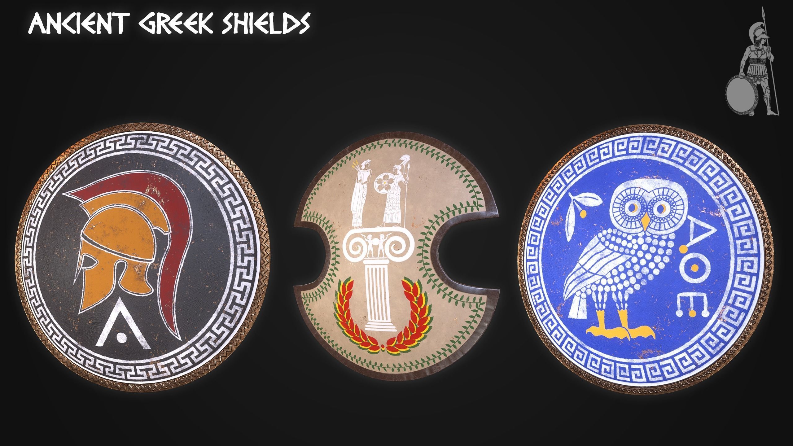 3D model Ancient Greek Shields Set Low Poly Game Ready VR / AR / low ...