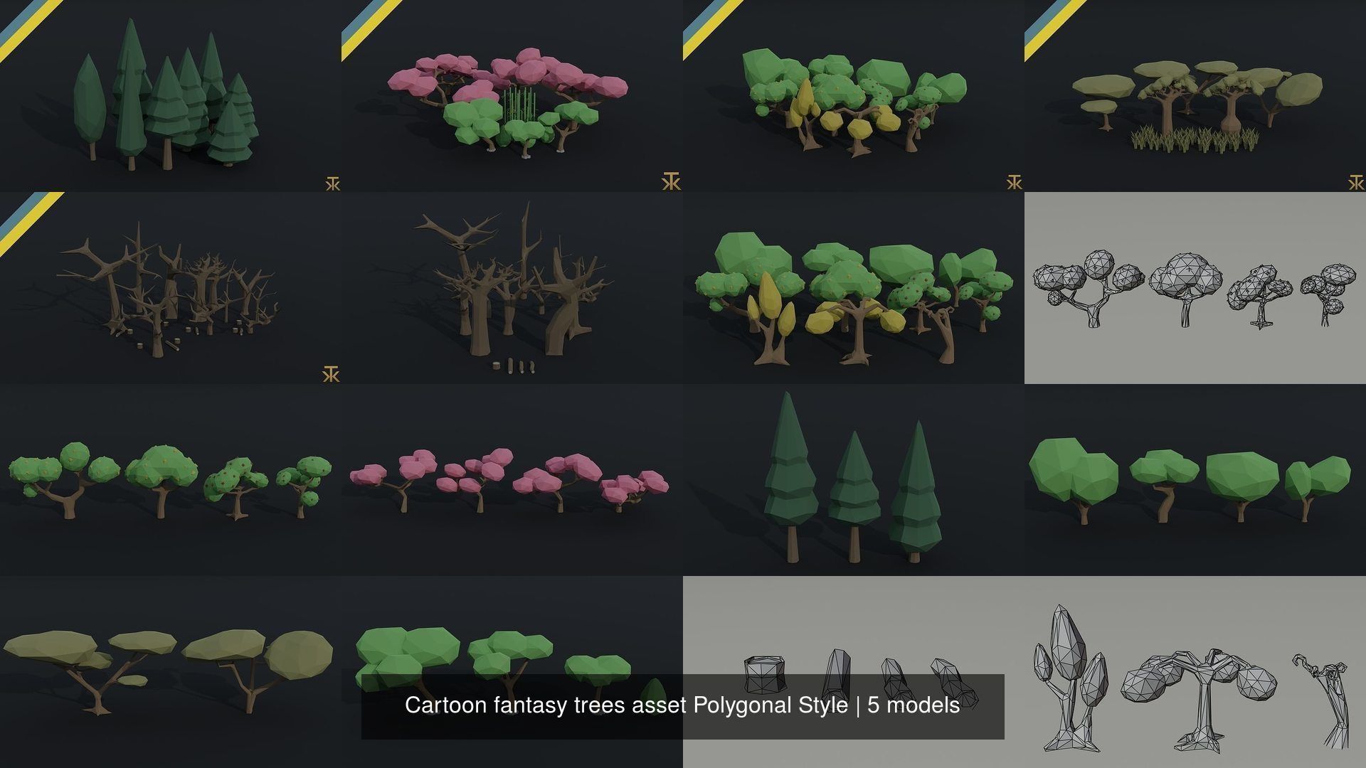 3D Model Collection Cartoon fantasy trees asset Polygonal Style VR / AR ...