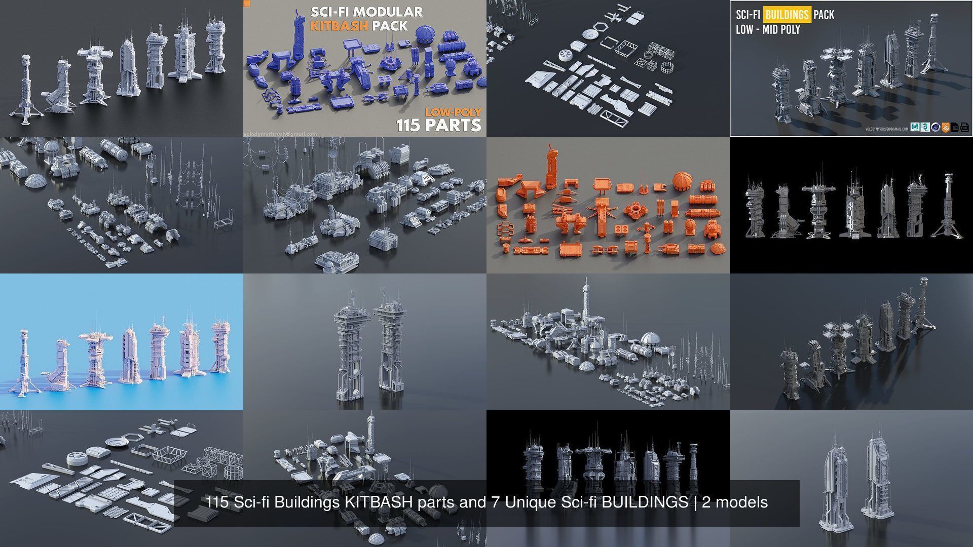 3D Model Collection 115 Sci-fi Buildings KITBASH parts and 7 Unique Sci ...