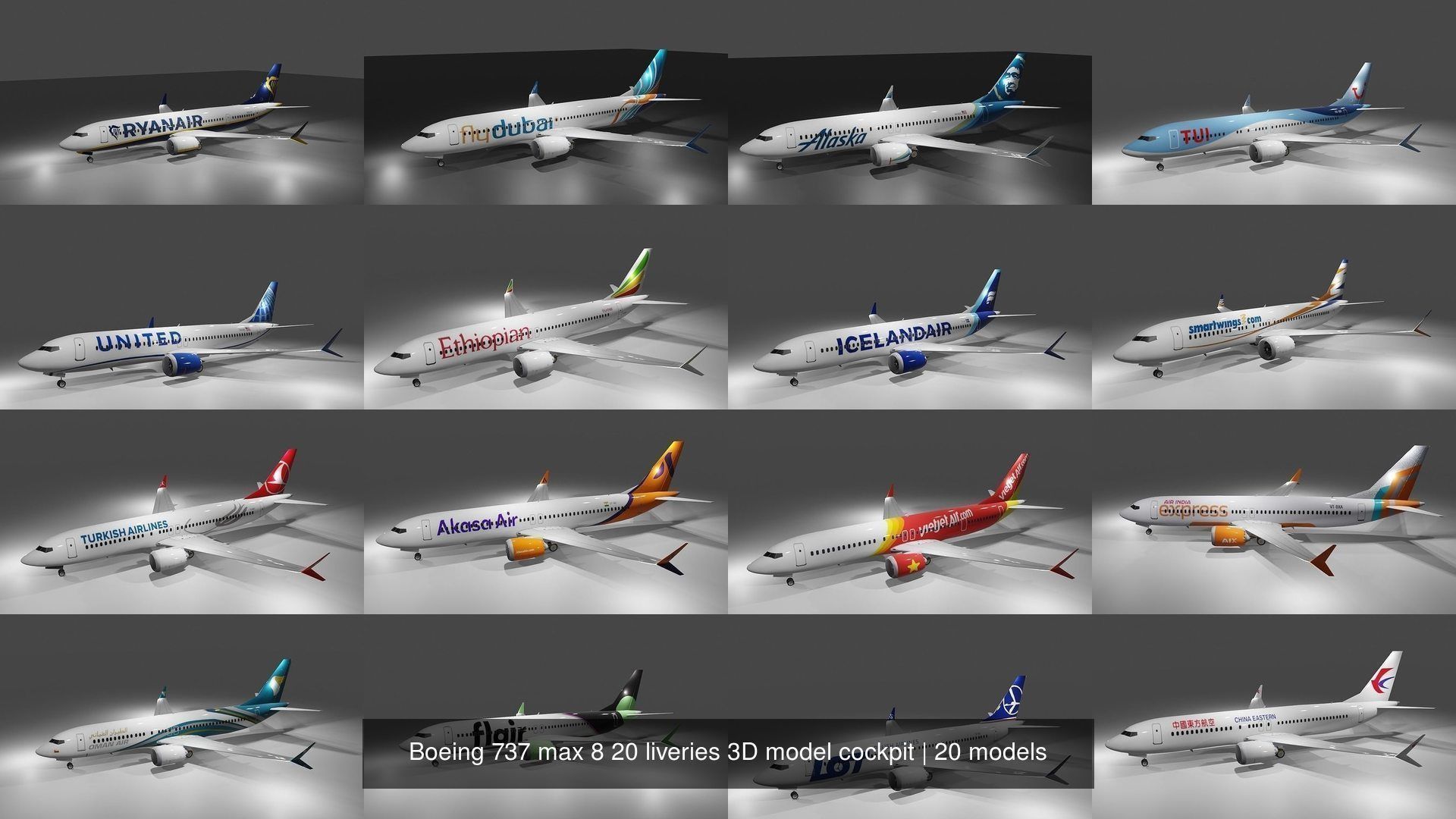 3D Model Collection Boeing 737 max 8 20 liveries 3D model cockpit VR ...