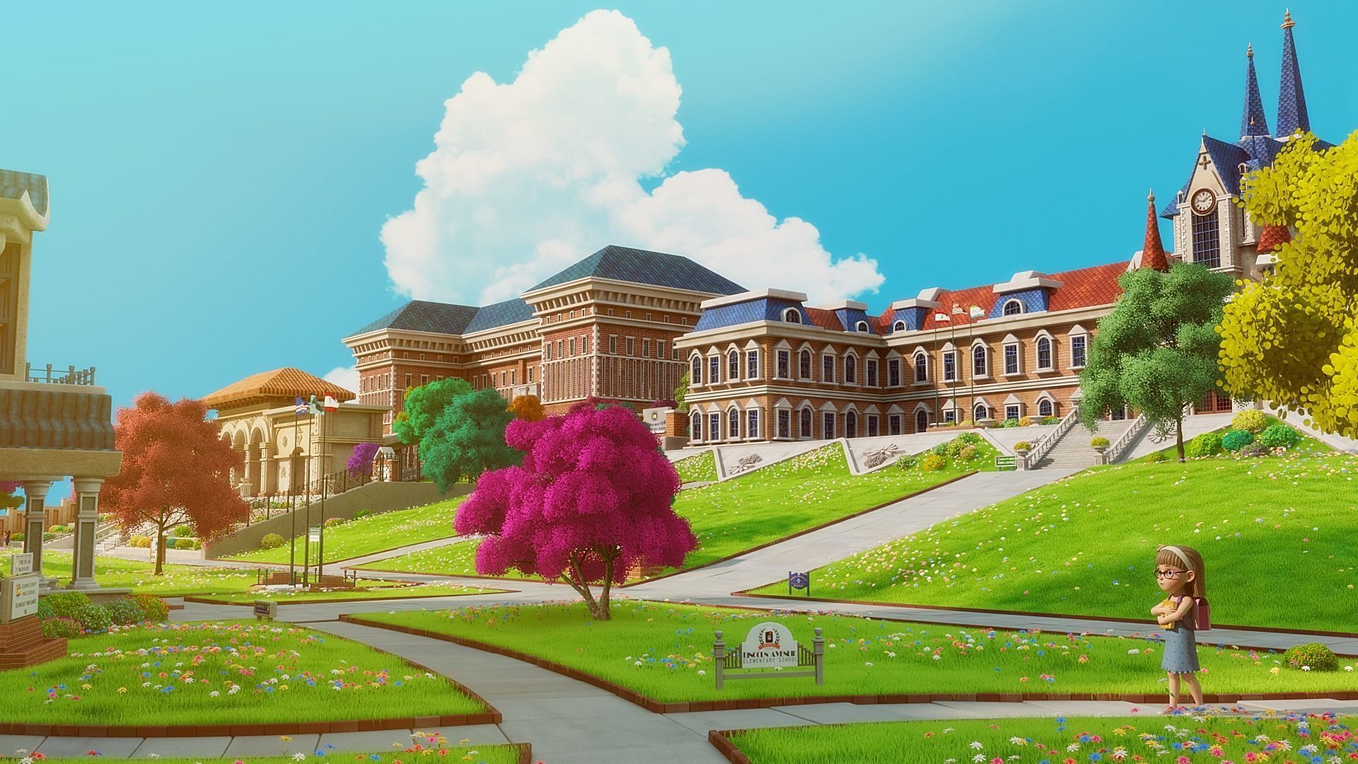 Cartoon School Exterior Scene 3D model | CGTrader