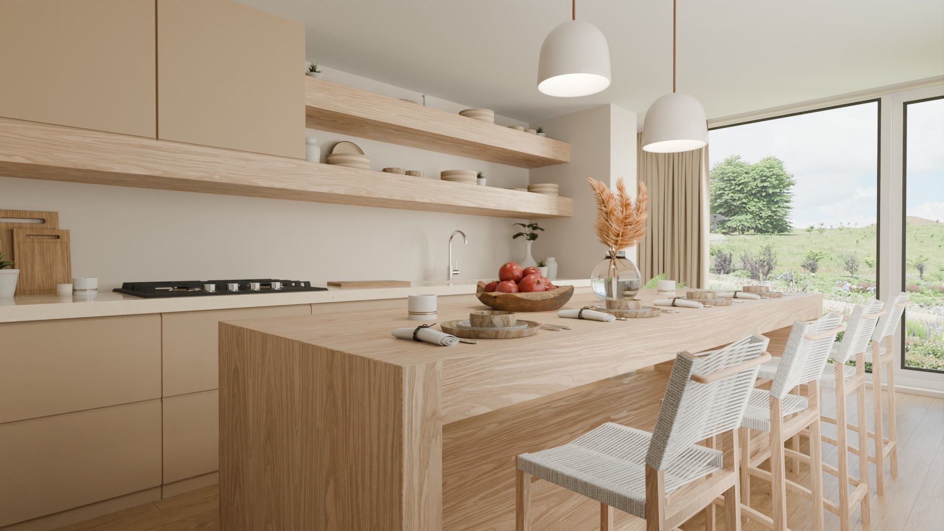 Minimalistic light wood neutral colors kitchen free 3D model animated ...