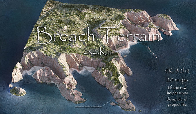 Beach and Cliff Terrain 2x2km 3D model | CGTrader