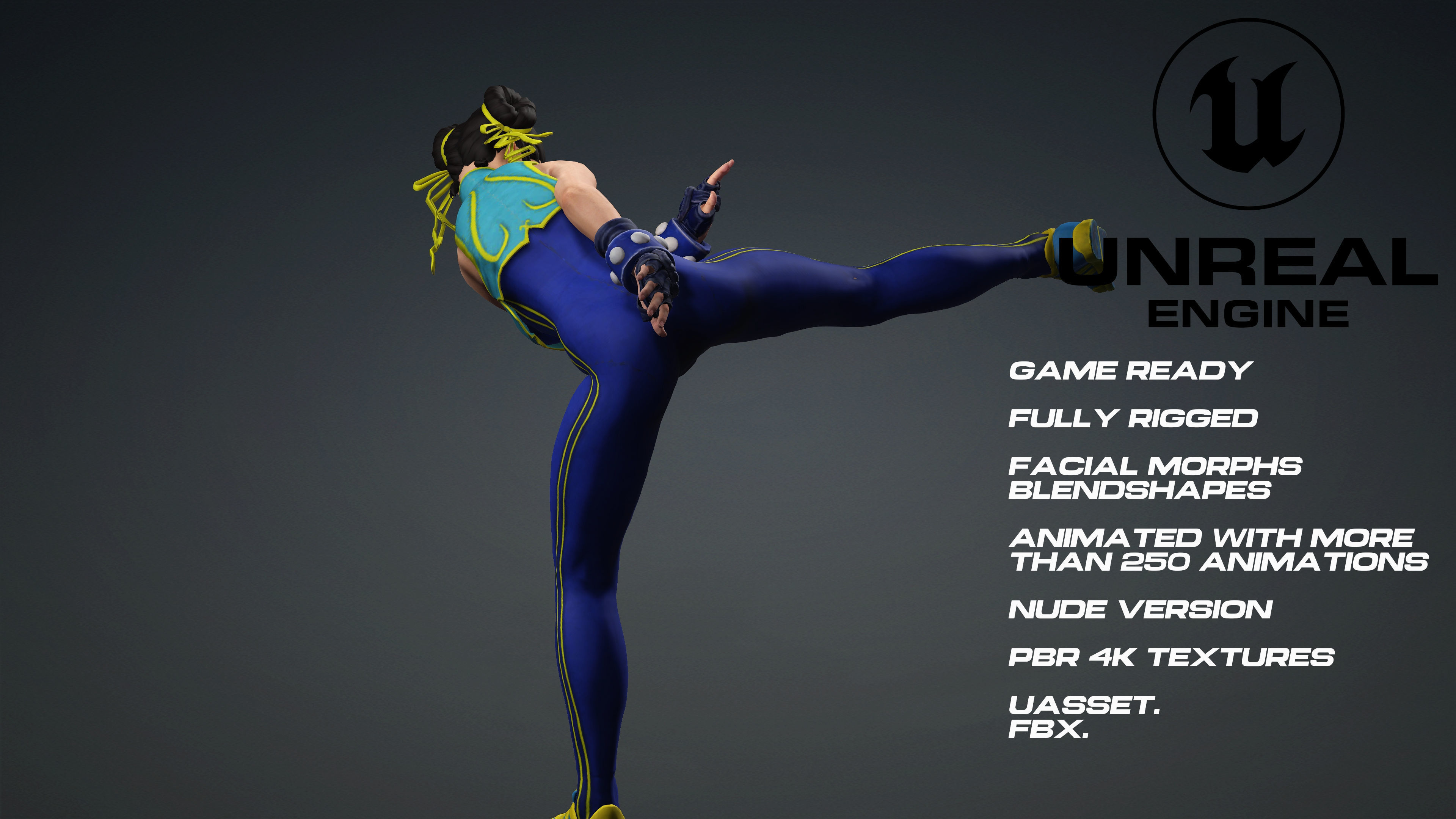 3D model Chun-Li - Street Fighter - UE5 - face - animated-nude version ...