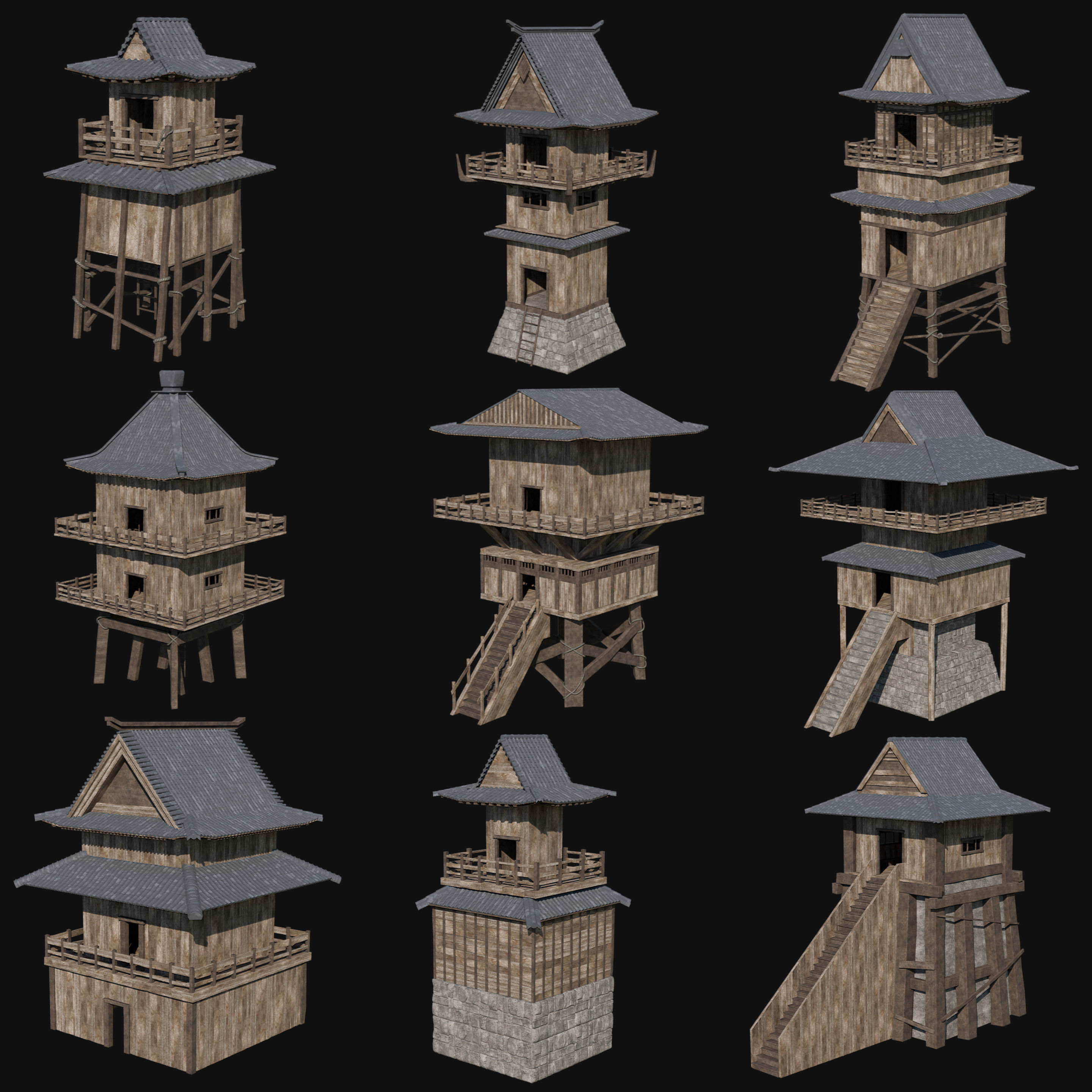 3D model JAPANESE TOWER WATCHTOWER WALLS FEUDAL FENCE COLLECTION VR ...