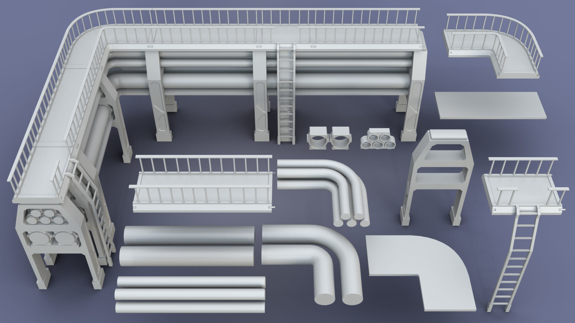 3D model Industrial Modular Low Poly Tubes - 20 pieces VR / AR / low ...
