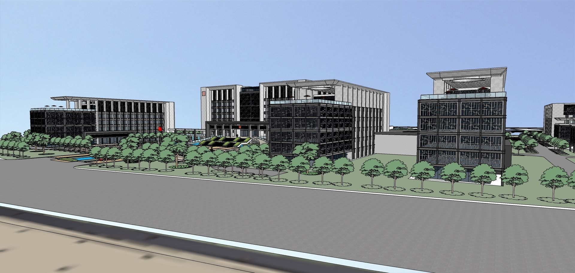 Office building along pedestrian podium highrise sketchup model 3D ...