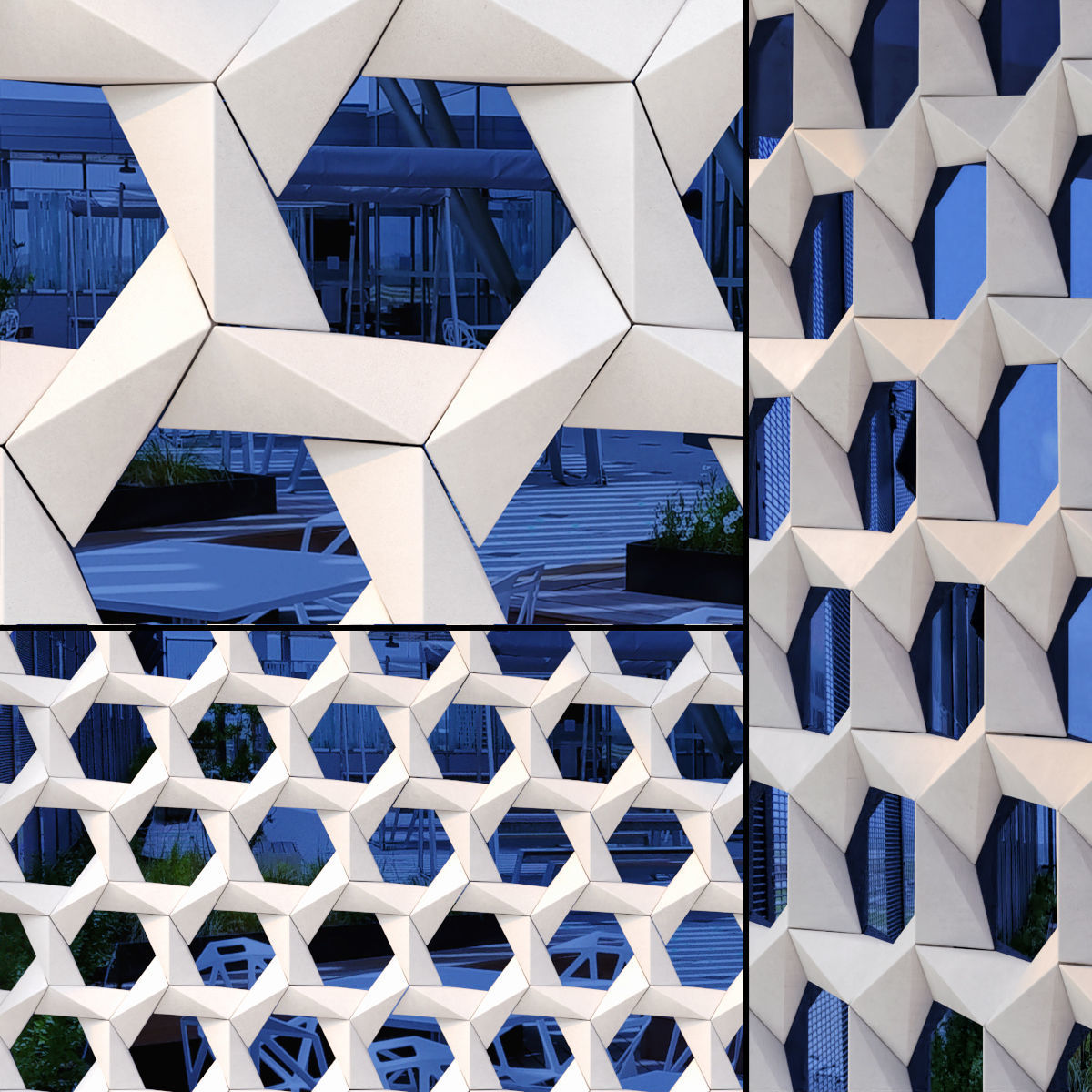 GRC Stars facade panels on a reflective blue glass 3D model | CGTrader