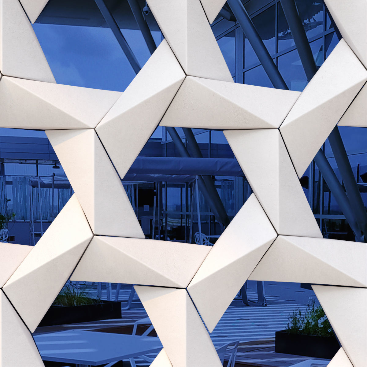 GRC Stars facade panels on a reflective blue glass 3D model | CGTrader