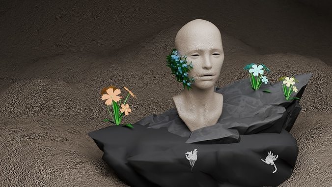 Stone head statue with flower growing in dessert free VR / AR / low ...