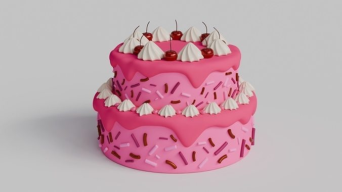 3D Cute Cartoon Cake With Icing Cherries and sprinkles 3D model | CGTrader