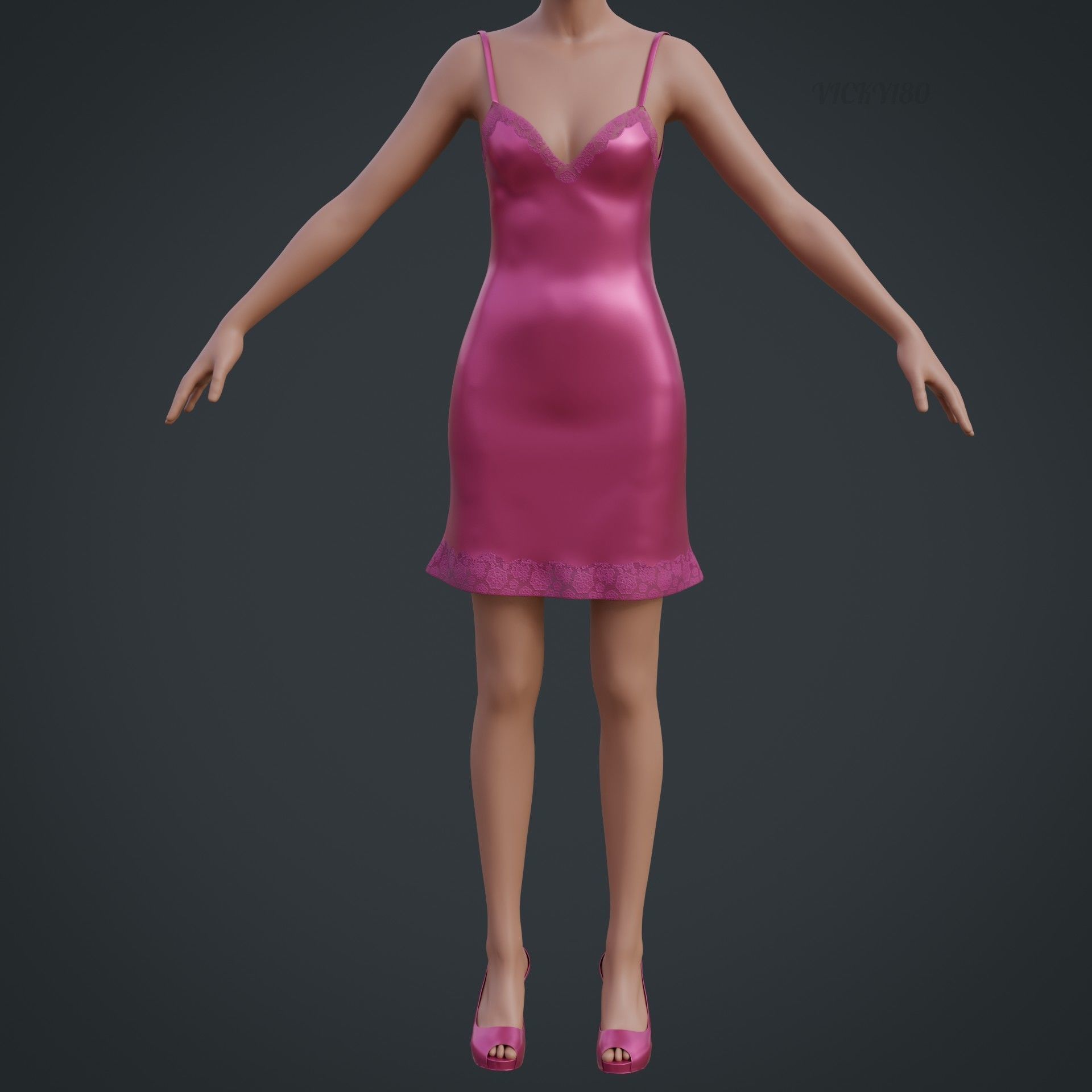 3D model Pink Slip Singlet Dress - Silk Satin Nightgown VR / AR / low ...