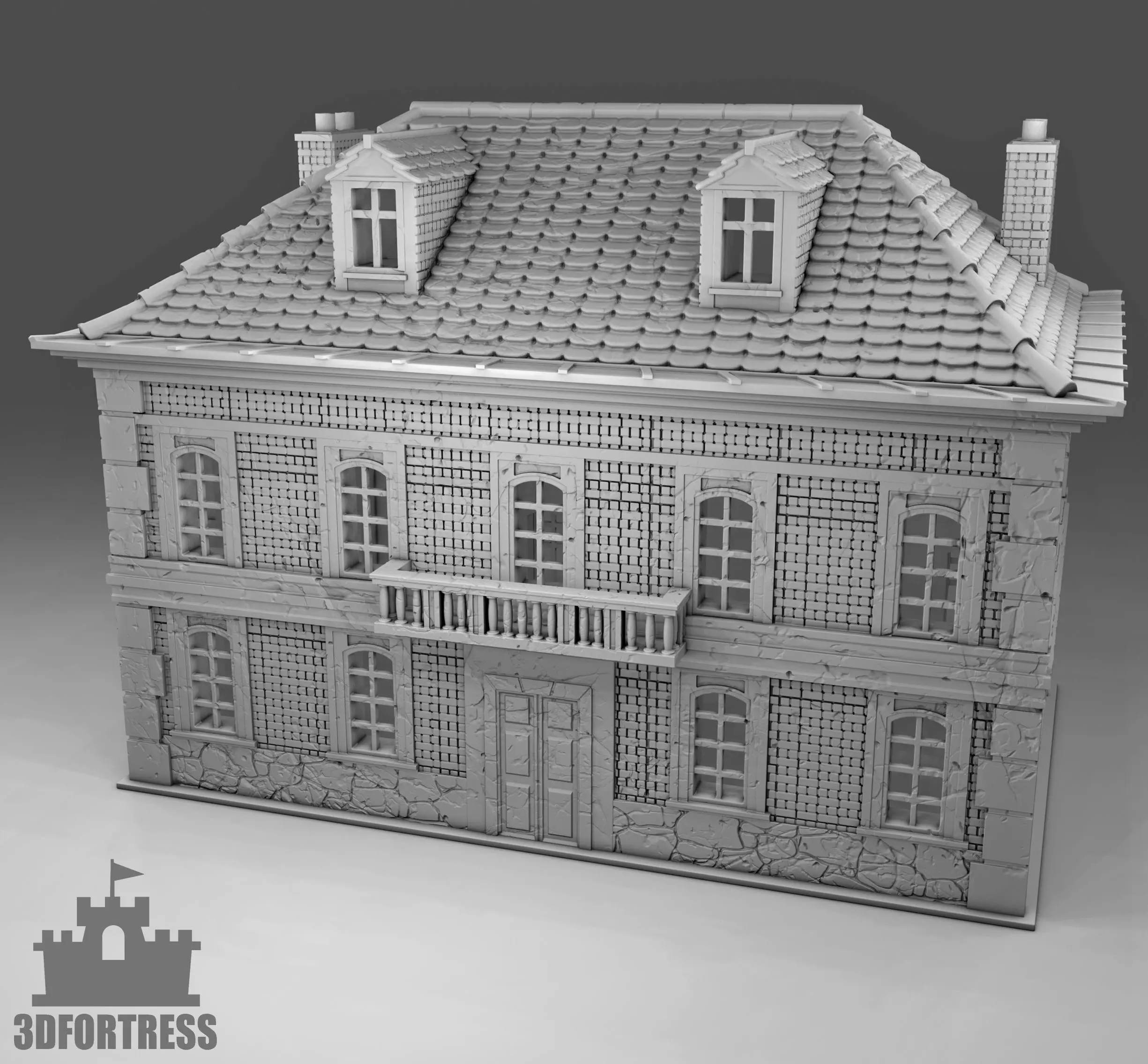 Old brick building with a balcony 3D model 3D printable | CGTrader
