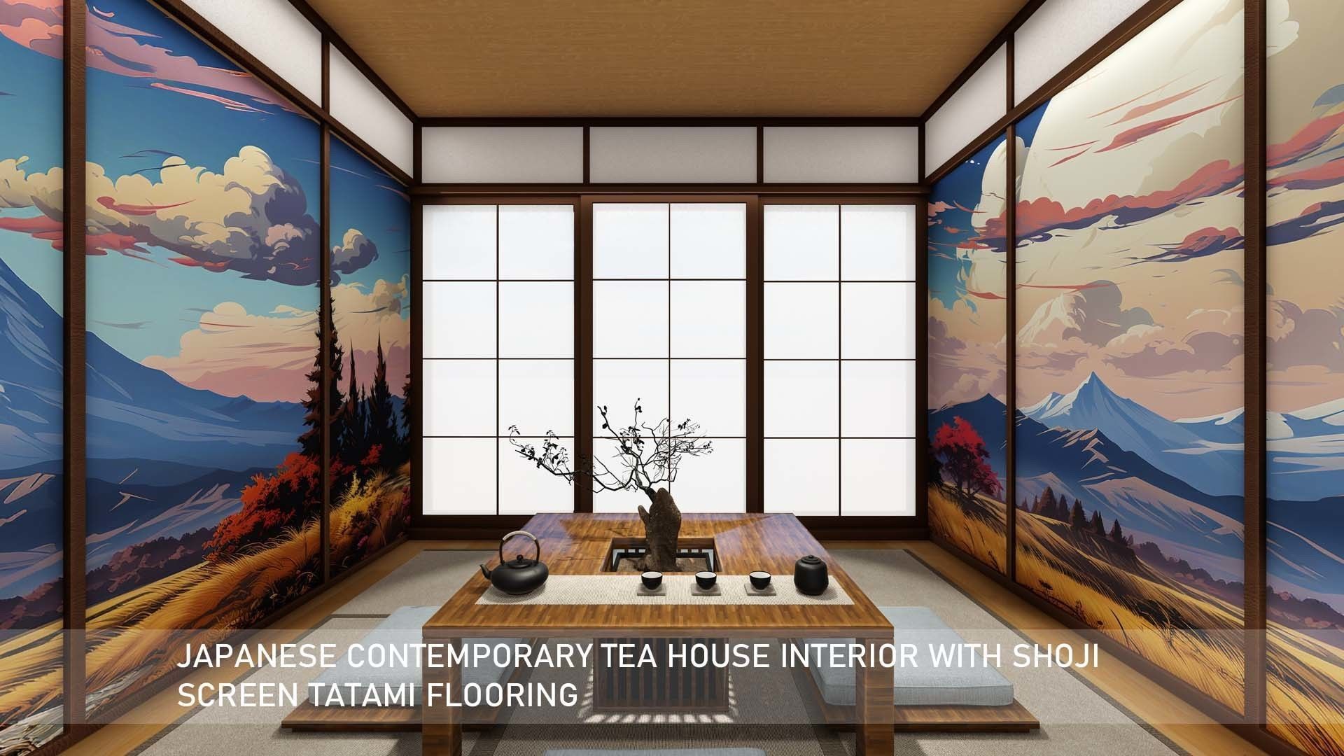 Japanese tea house interior with shoji screen tatami floor 3D model ...
