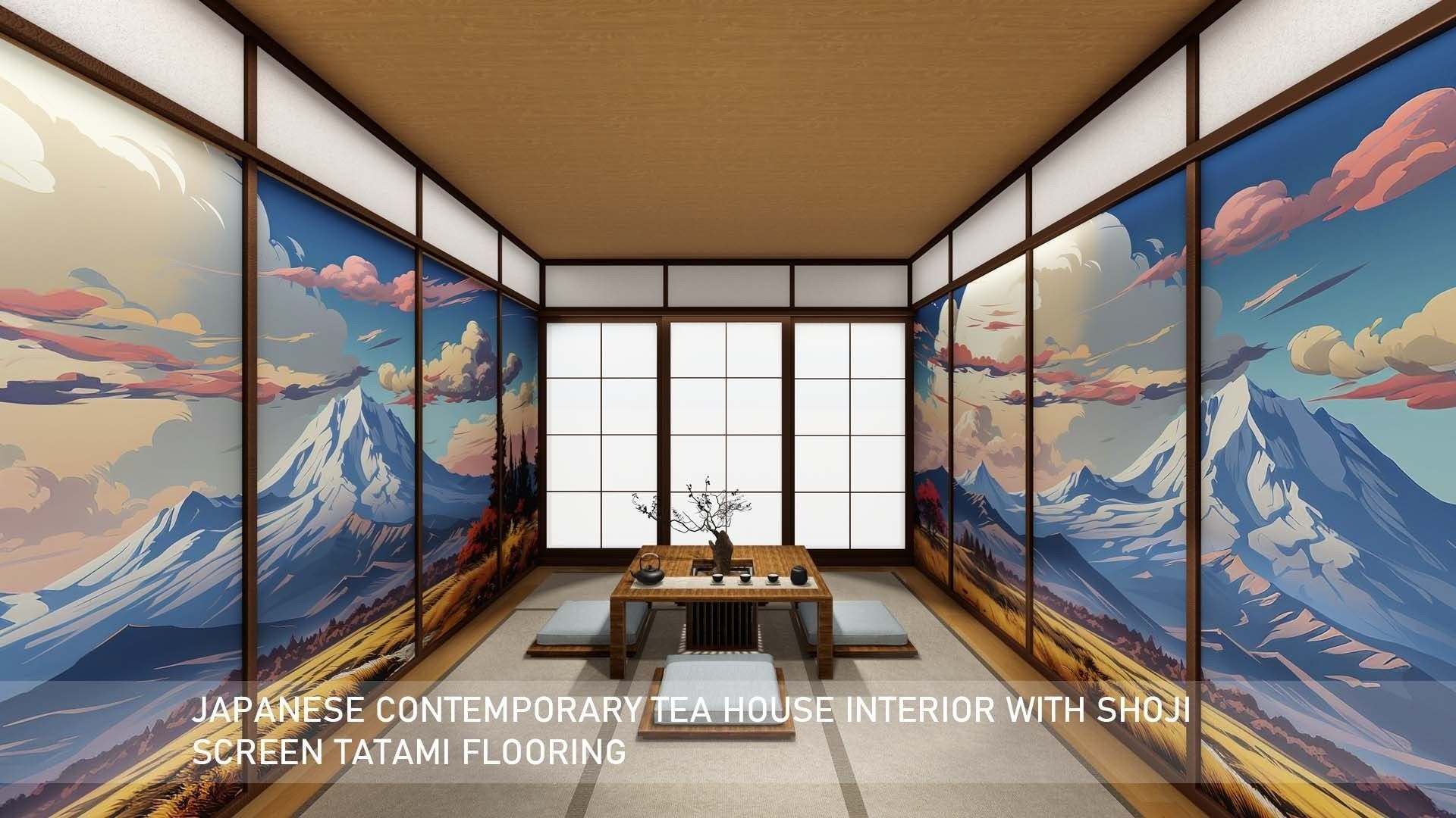 Japanese tea house interior with shoji screen tatami floor 3D model ...