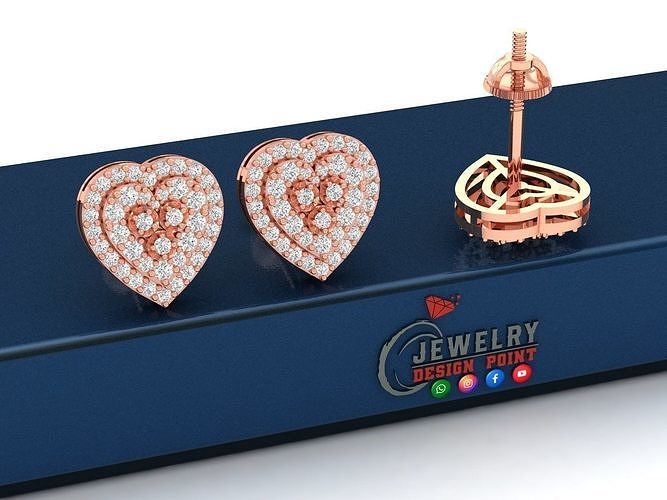 Custom Heart Shape Diamond Studs - Heart Love Earrings Unisex 3D model ...
