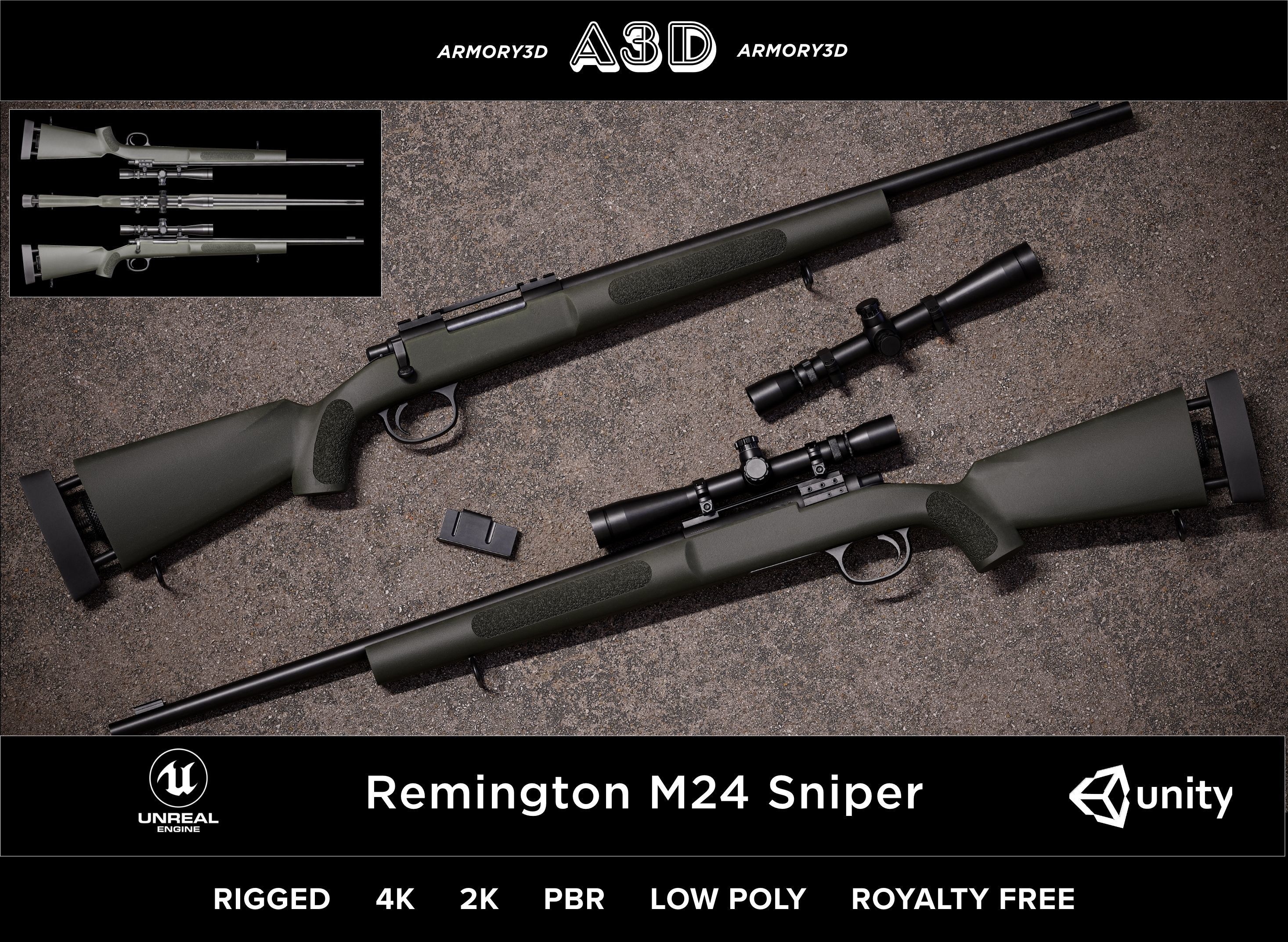 3D model Game Ready Remington M24 Sniper Rifle PBR Rigged VR / AR / low ...