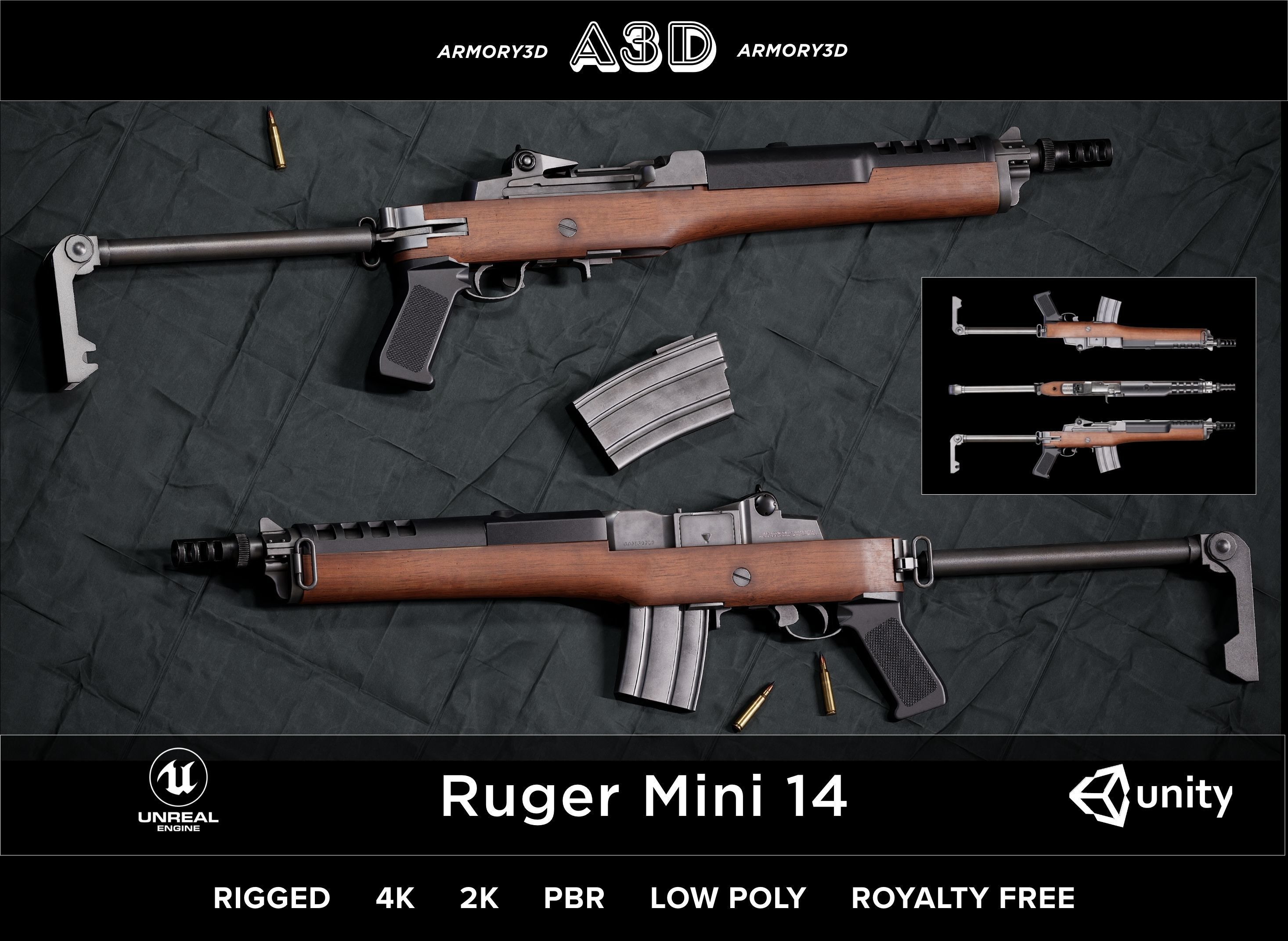 3D model Game Ready Ruger Mini 14 PBR Rigged VR / AR / low-poly | CGTrader