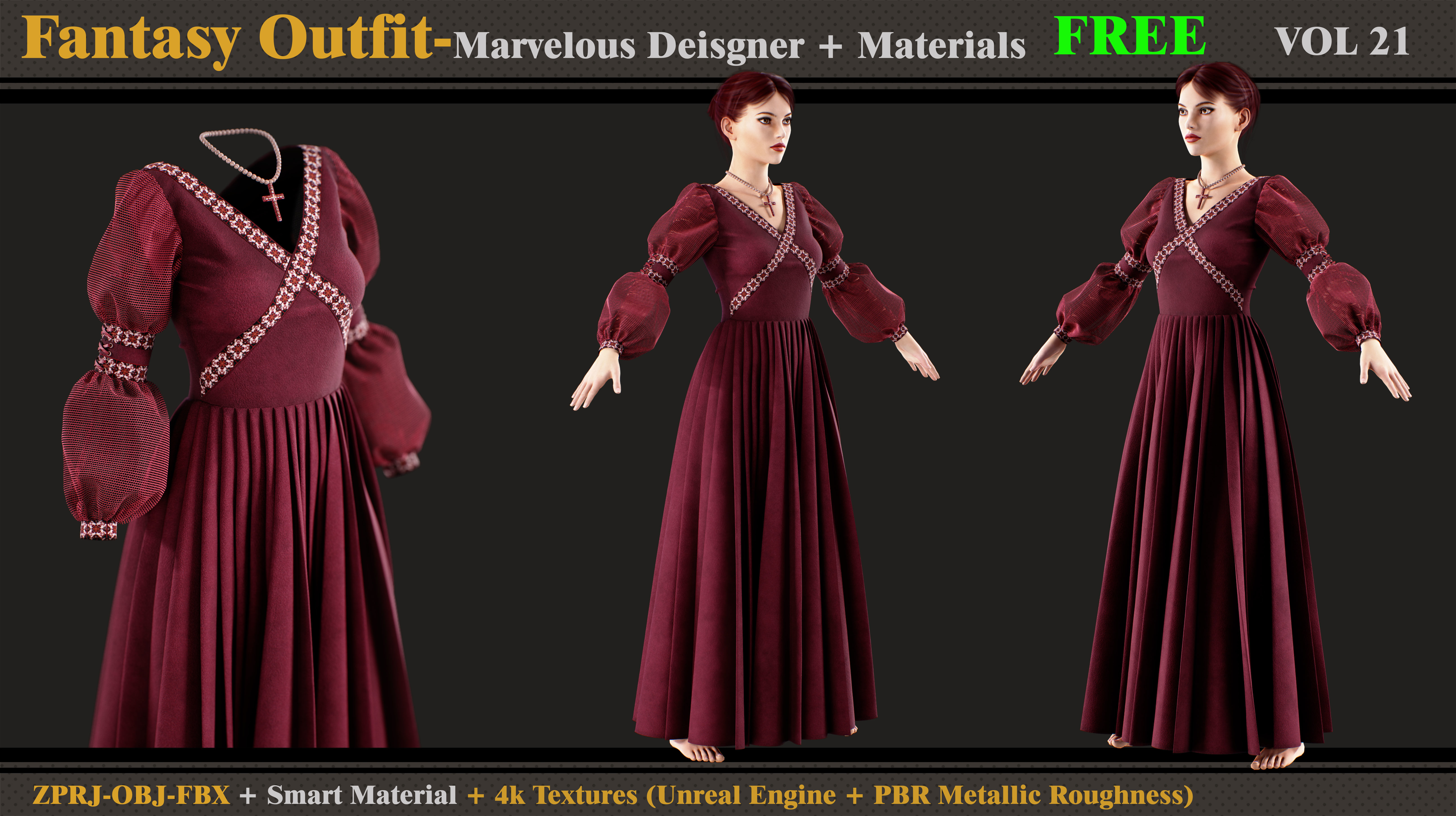 Fantasy Outfit-Md-Clo-Textures-Materials-FBX-OBJ-FREE free 3D model ...