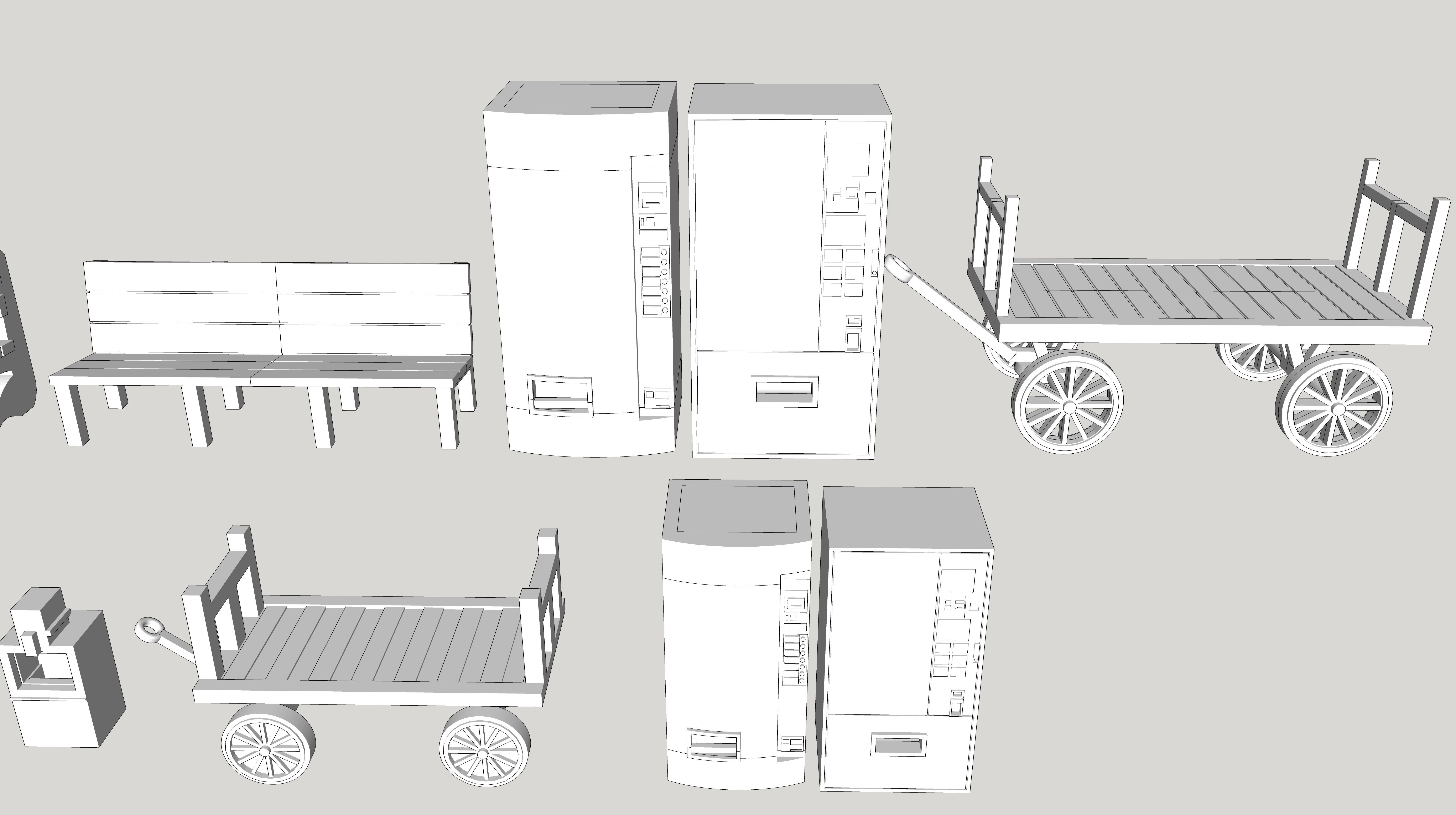Benches Luggage Cart Vending Coke Newspaper Machine HO N scales 3D ...