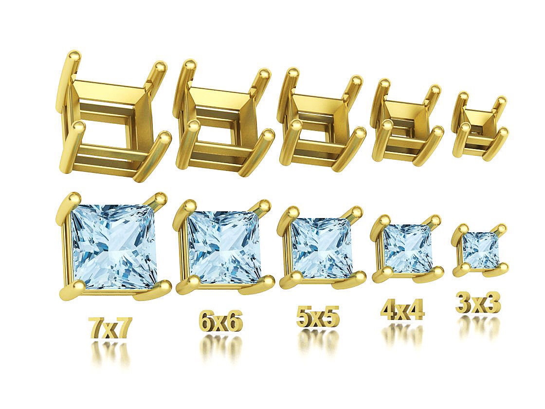 Princess Cut Gems 4prong Heads 7x7 6x6 5x5 4x4 3x3 Collection 3D model ...