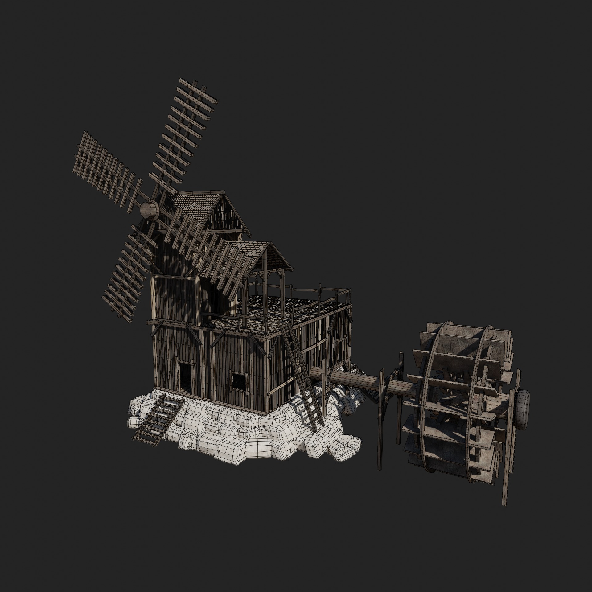 3D model MEDIEVAL MILL WINDMILL WATERMILL FANTASY BUILDING COLLECTION ...