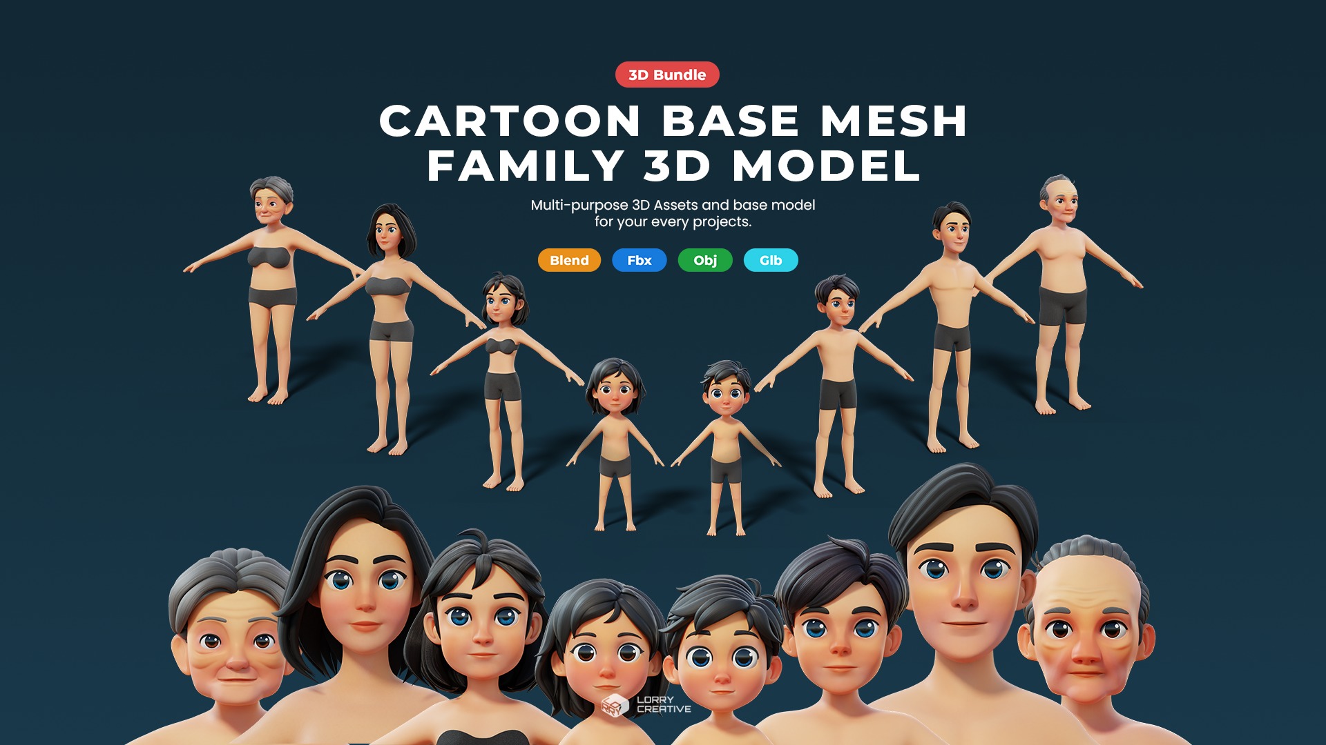 Cartoon Base Mesh Family Pack 3D model | CGTrader