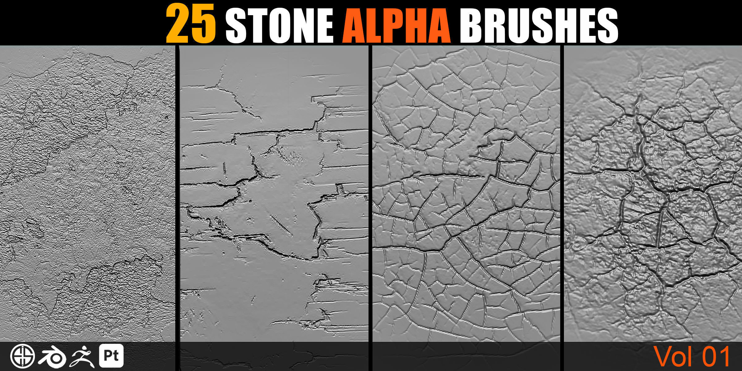 25 Real Stone Alpha Brushes - Blender Alpha Brush - Zbrush Alpha 3D ...
