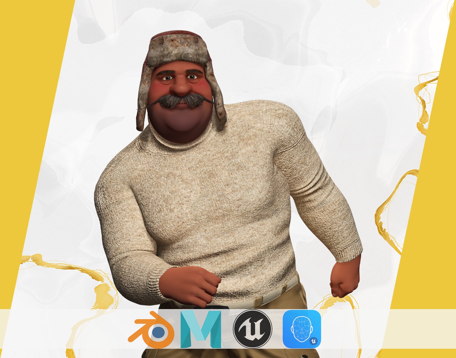3D model Cartoon Man with Moustache and Winter Hat Toon Winter VR / AR ...