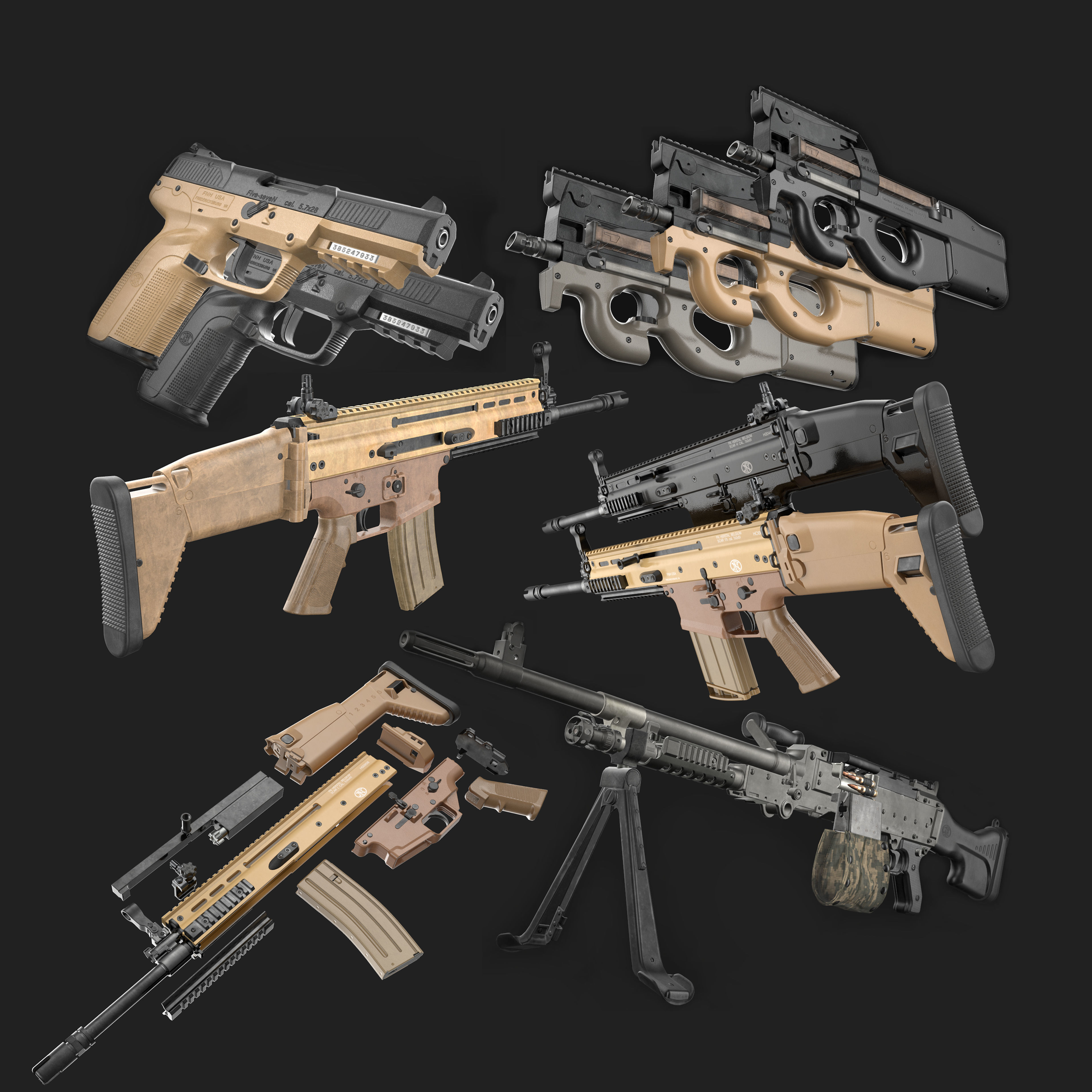 3D Model Collection FN P90 Five-seveN SCAR-H SCAR-L M240 Bundle VR / AR / low-poly | CGTrader
