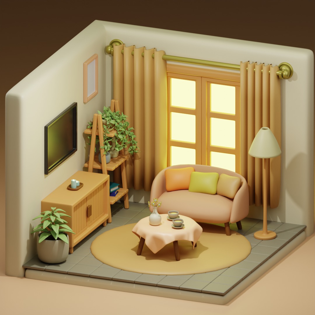 Interior-building cute living room isometric free 3D model | CGTrader