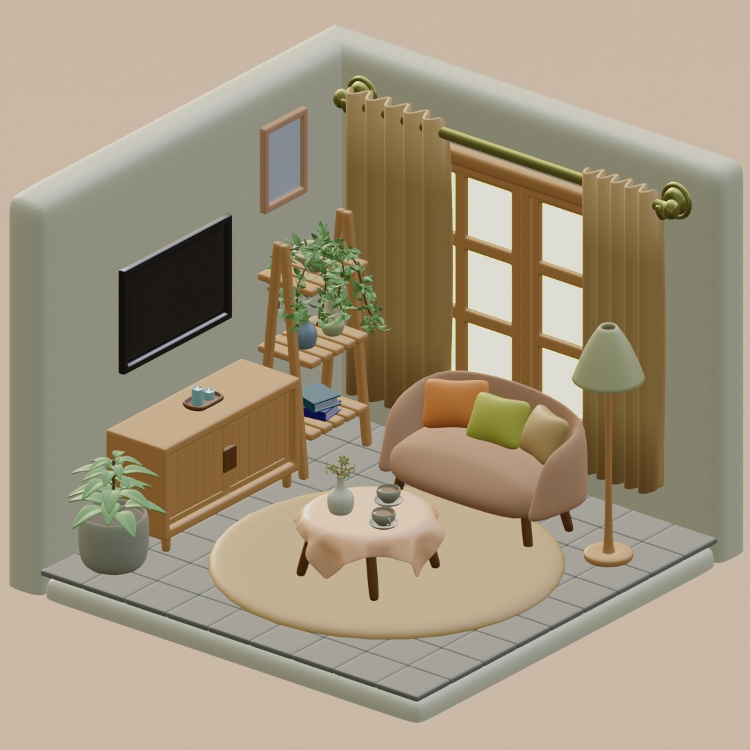 Interior-building cute living room isometric free 3D model | CGTrader