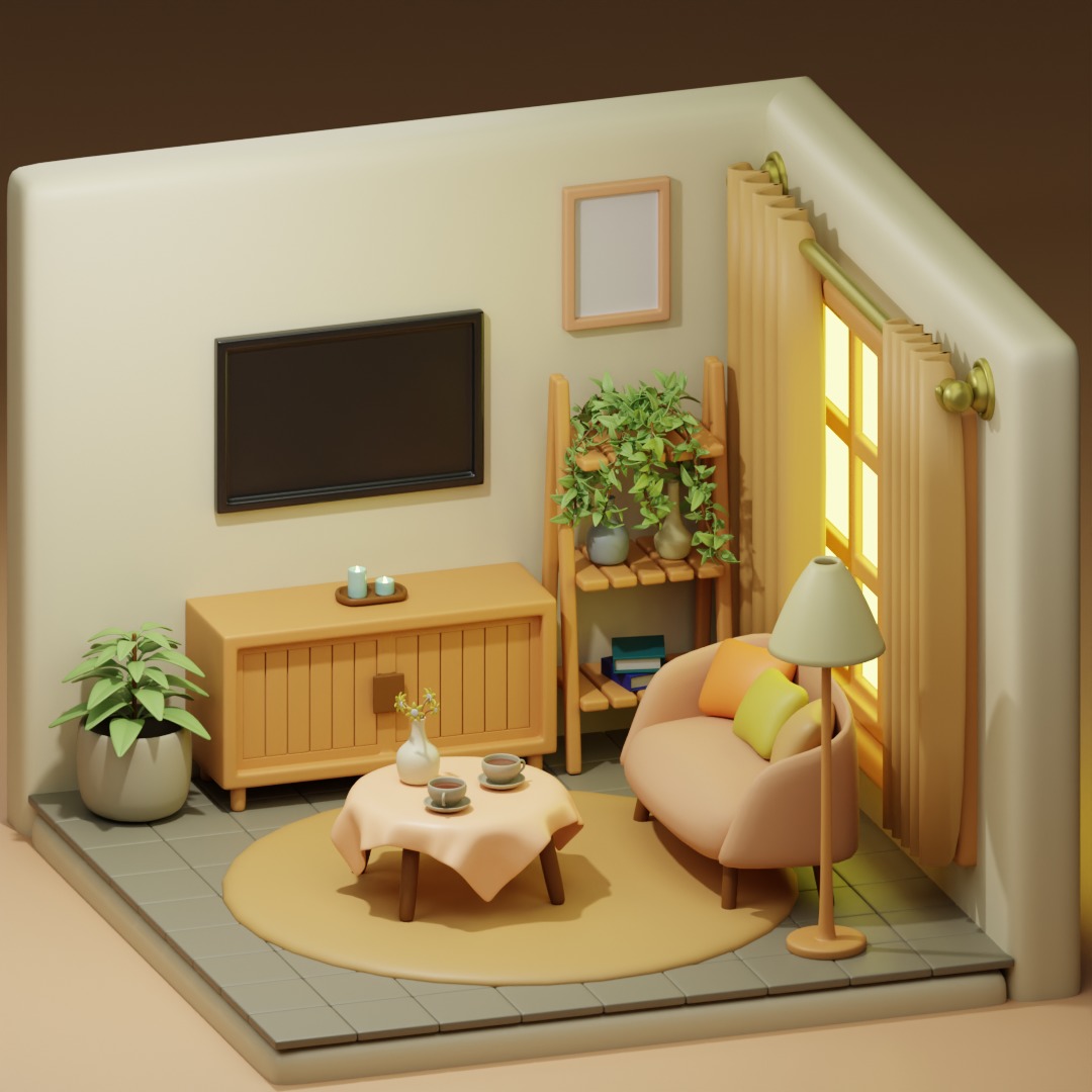 Interior-building cute living room isometric free 3D model | CGTrader