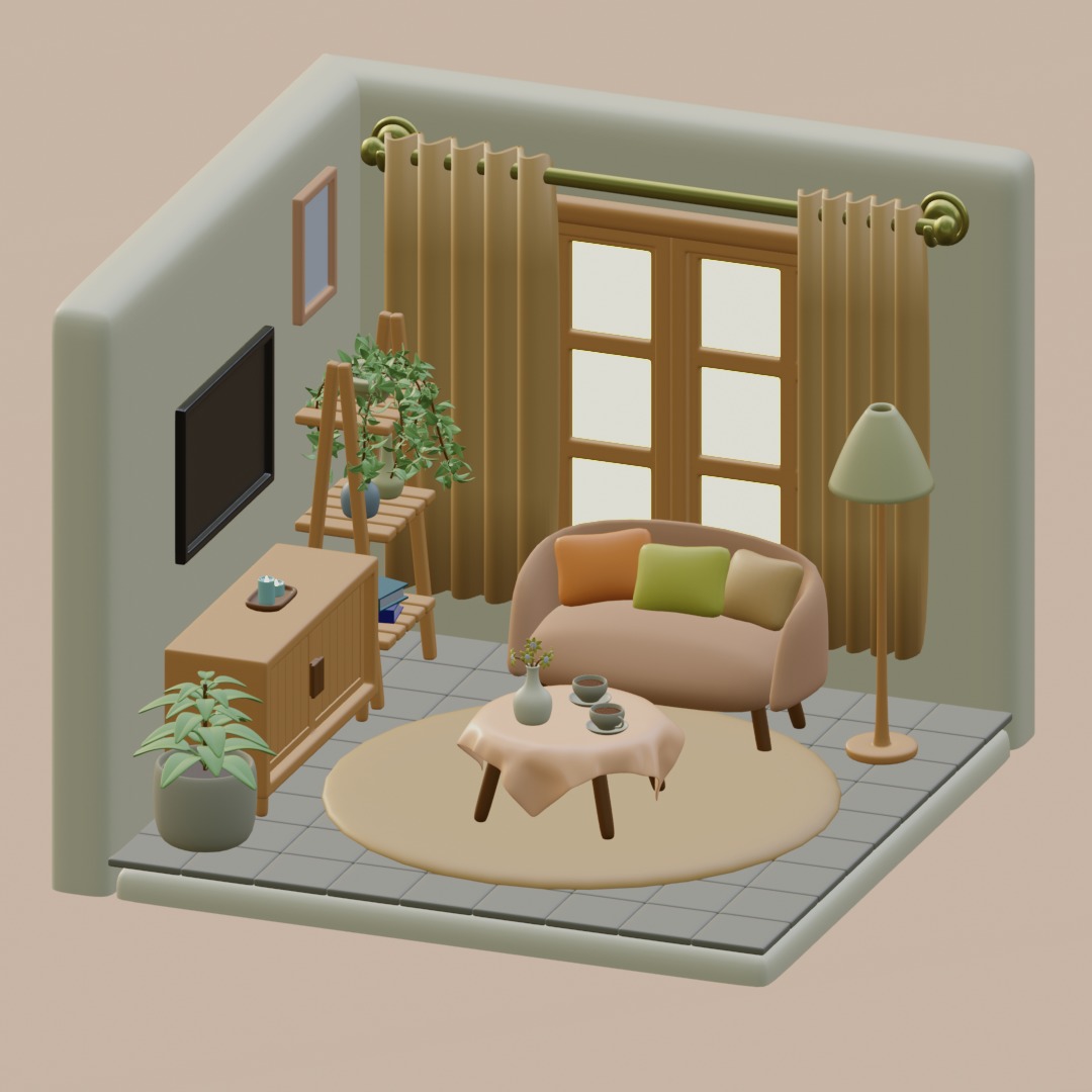 Interior-building cute living room isometric free 3D model | CGTrader