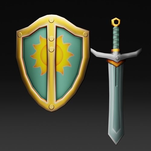 low-poly shield and sword - game ready free VR / AR / low-poly 3D model ...