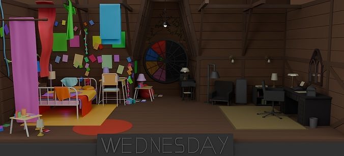 wednesday dorm room low poly diorama scen polygon free VR / AR / low ...
